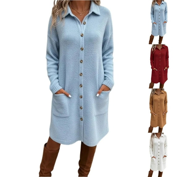 dgysar Long Sleeve Knit Shirt Dress, Classic Polo Collar Design with ...