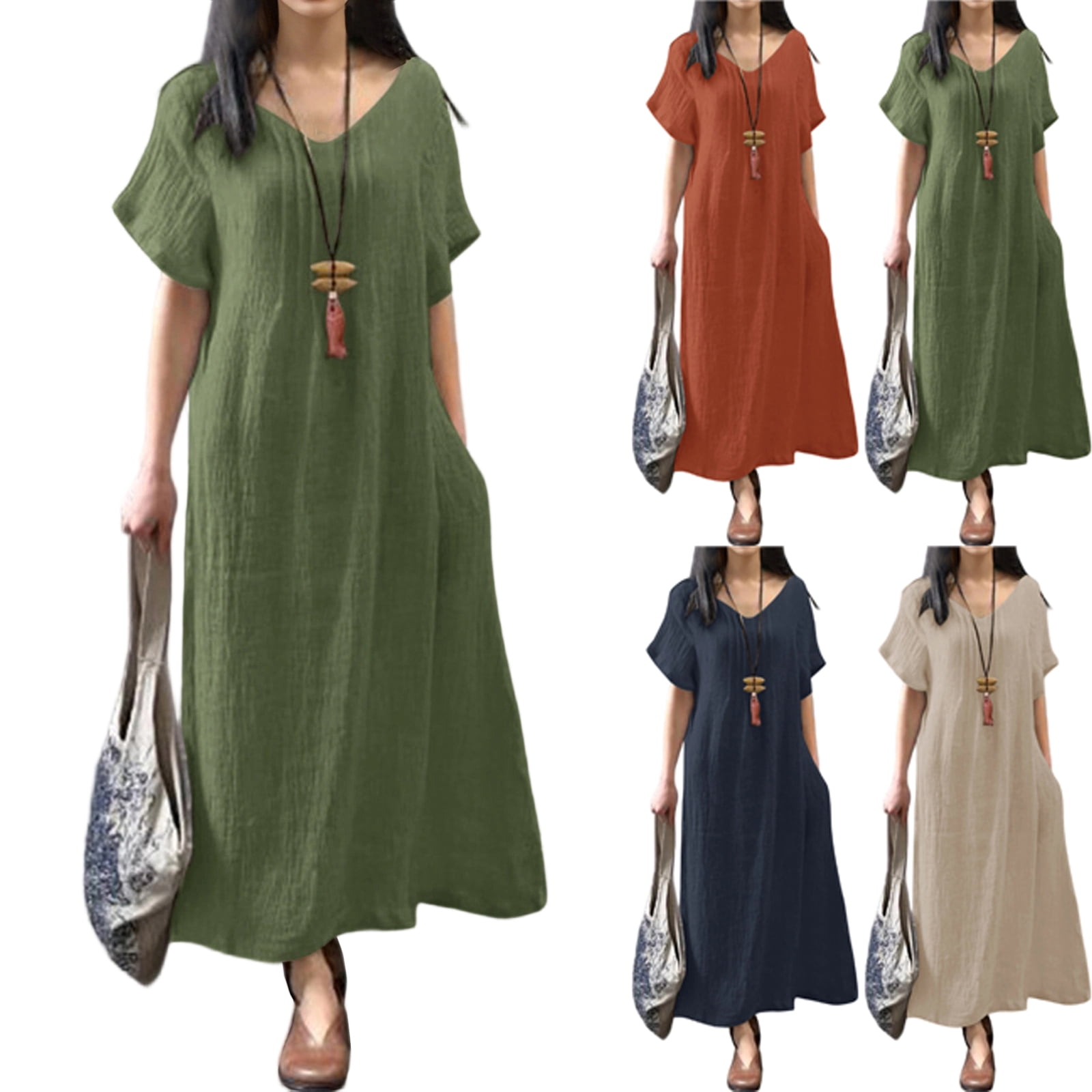dgysar Relaxed Fit Linen Dress, Easy A-Line Dress with Pockets, Natural ...