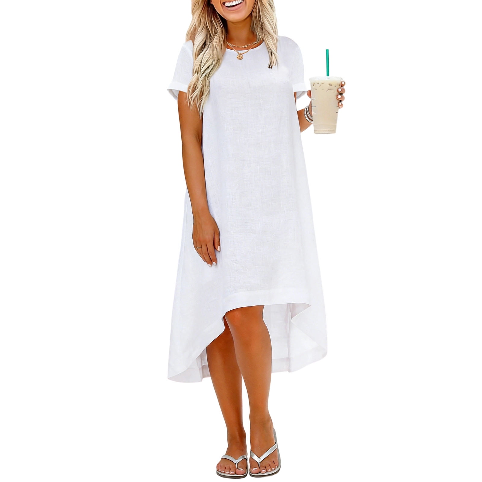 dgysar Simple Solid Color Sundress, Round Neck Short Sleeve Linen Look ...