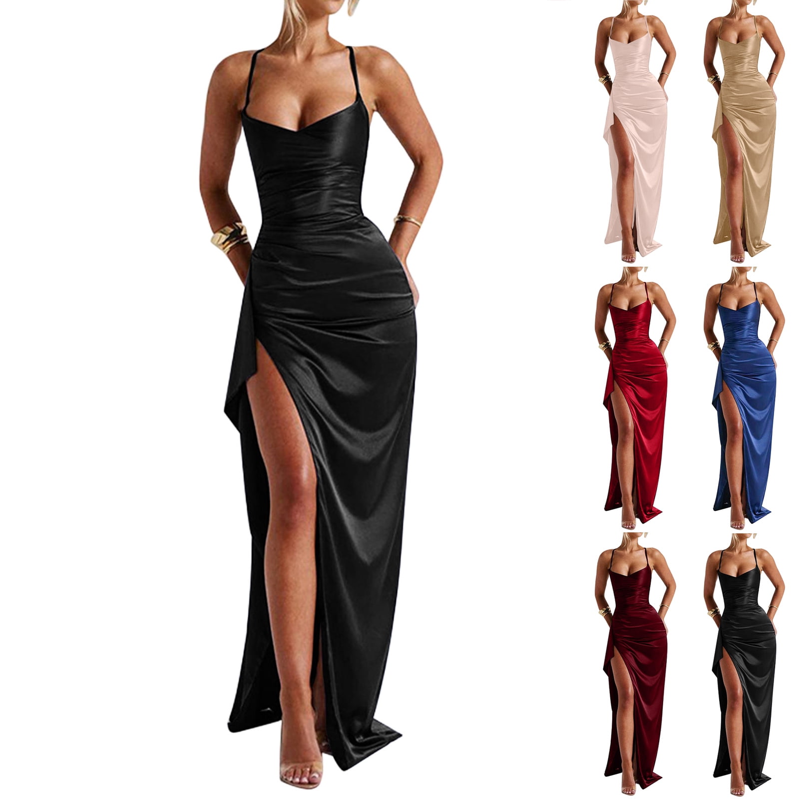 dgysar Strapless Party Dress with Slit Satin Evening Gown with Slit ...