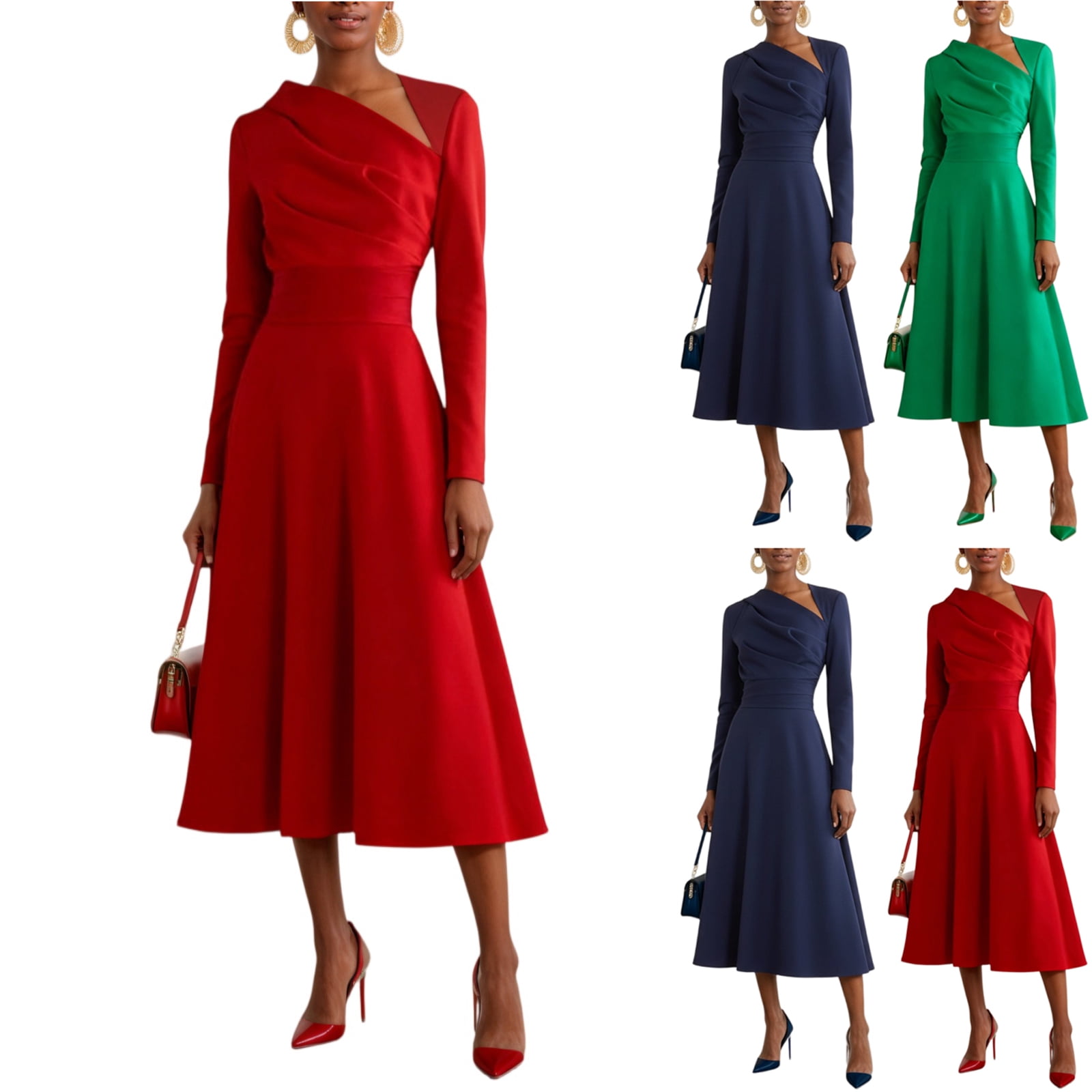 dgysar Women's Asymmetric Neckline Dress - Solid Color Long Sleeve ...