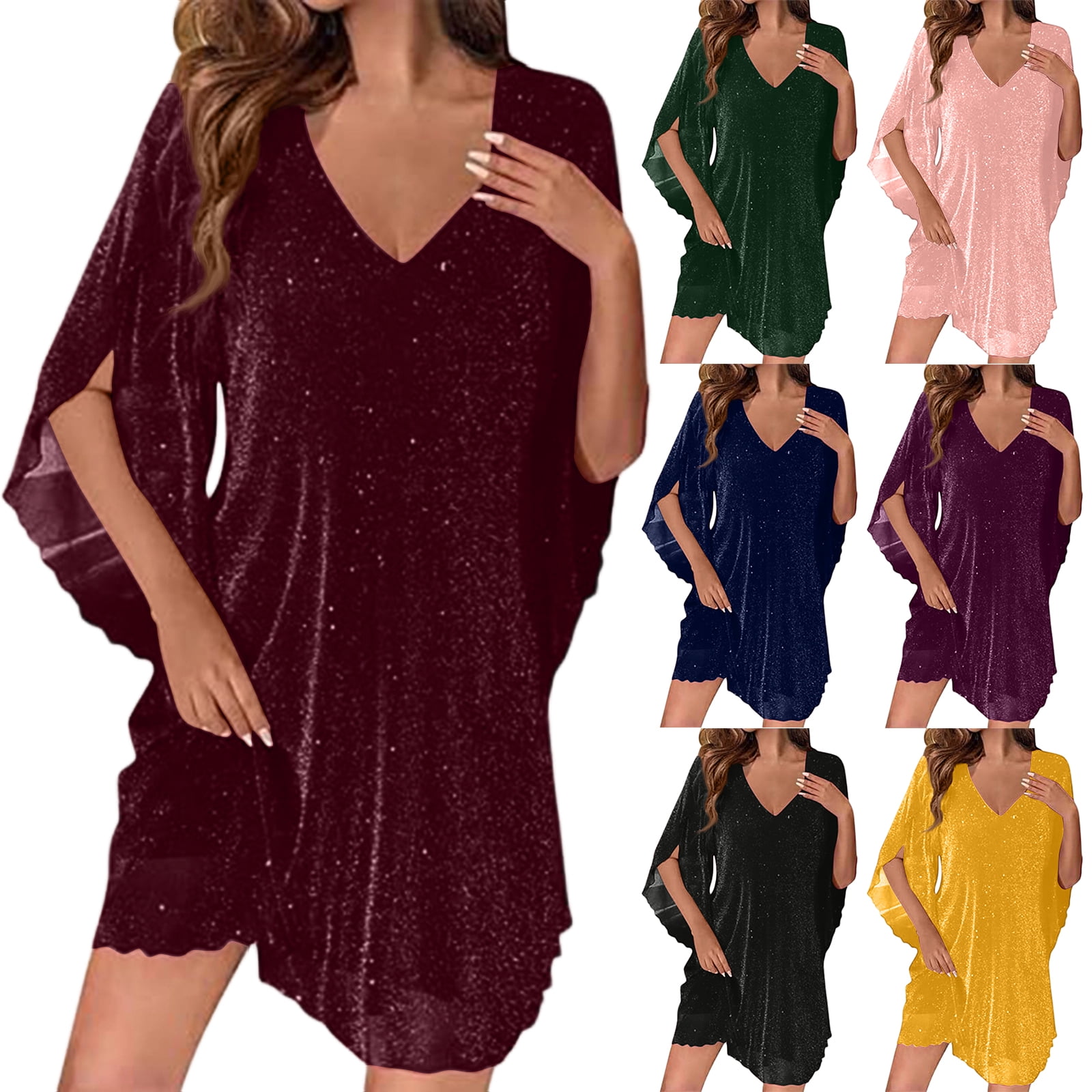 dgysar Women‘s Metallic Foil Print Dress, V-Neck 3/4 Sleeve Party Dress ...