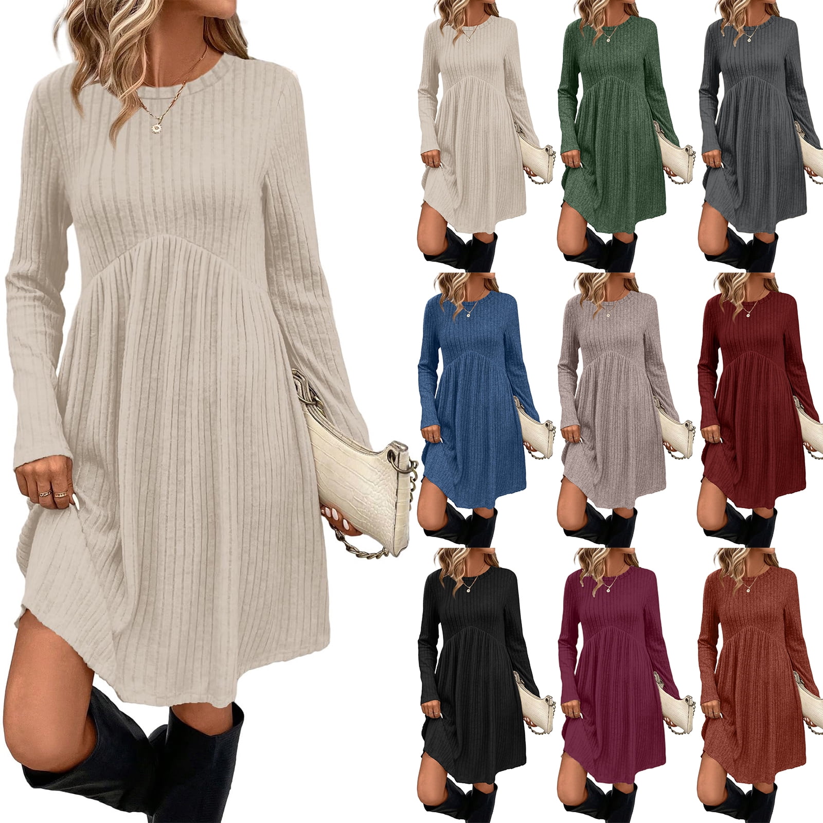 dgysar Women‘s Round neck Bodycon Dress, Long Sleeve Shirt Dress ...