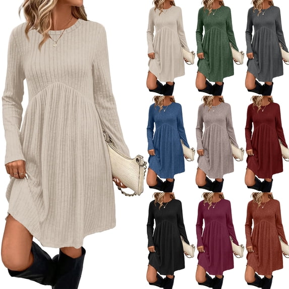 dgysar Women‘s Round neck Bodycon Dress, Long Sleeve Shirt Dress ...