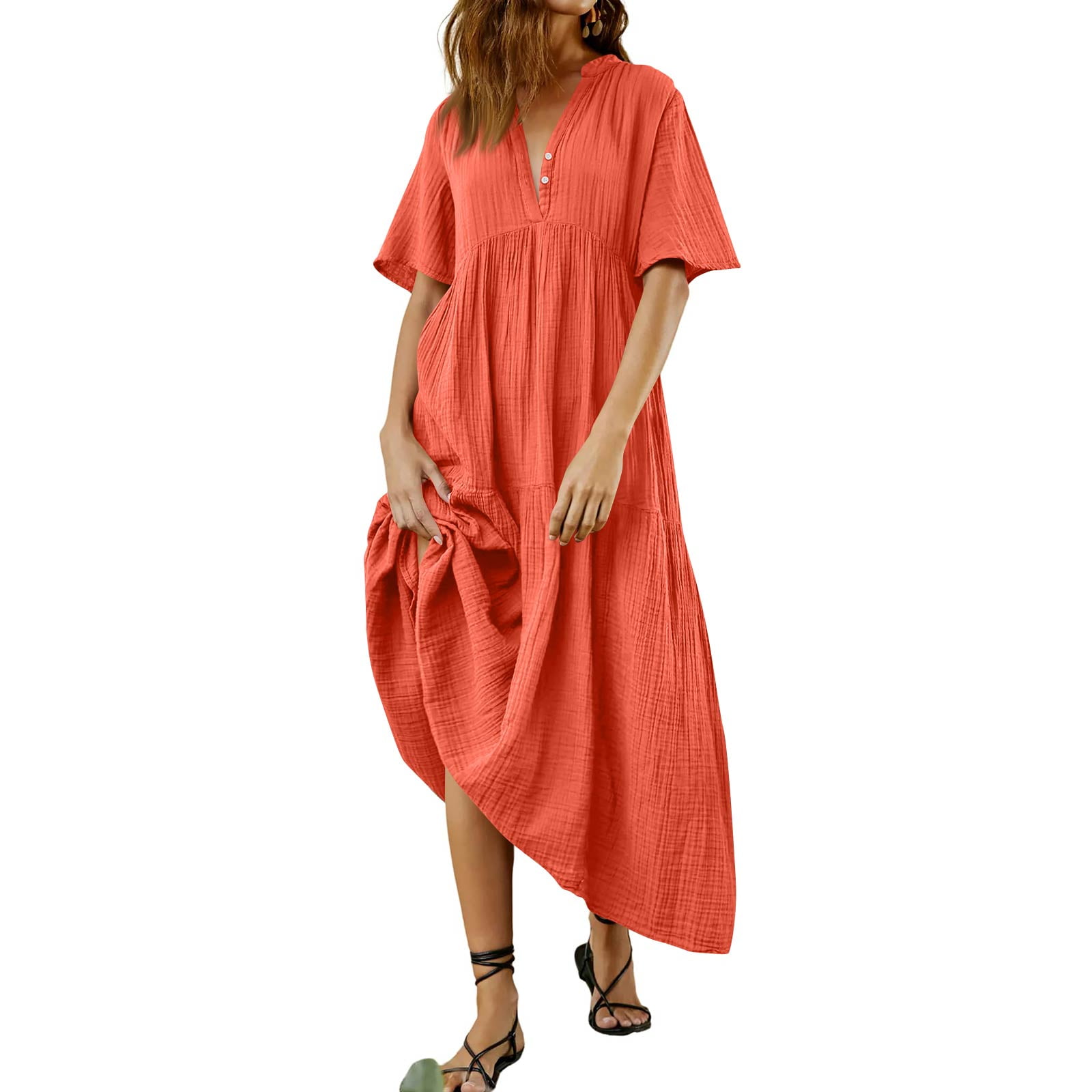 dgysar Women‘s Short Sleeve V-Neck Dress, Flowy Ruffle Hem & Relaxed ...