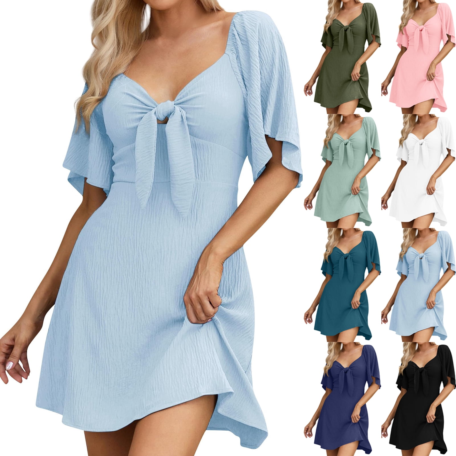 dgysar Women‘s V-Neck Mini Dress, Short Sleeve with Tie Belt or Bow ...