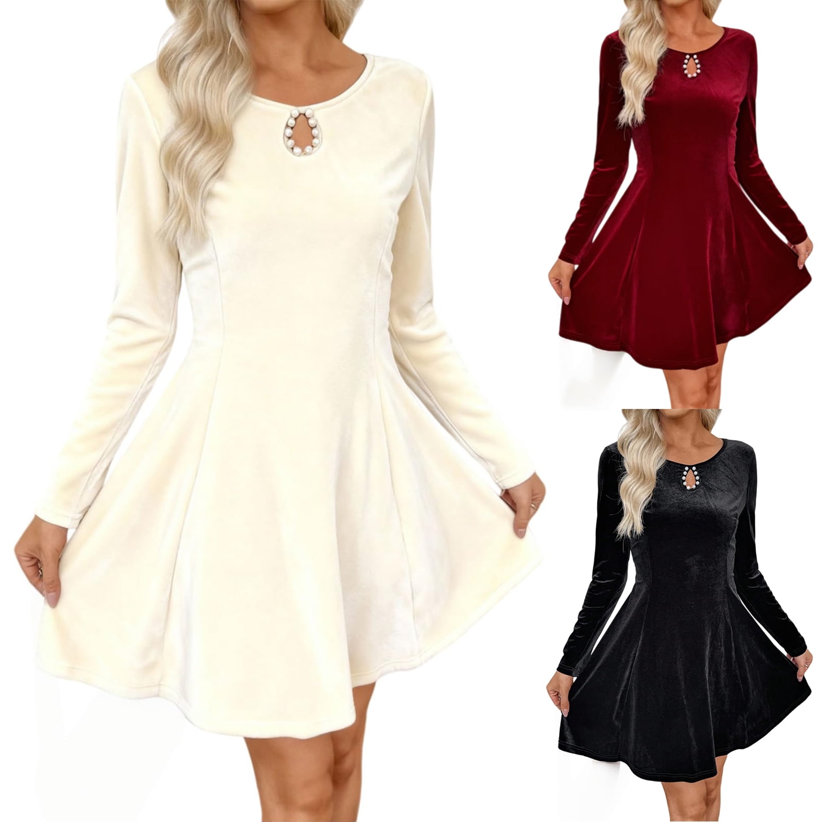 dgysar Women‘s Velvet Mini Dress, Keyhole Back Neckline with Pearl ...