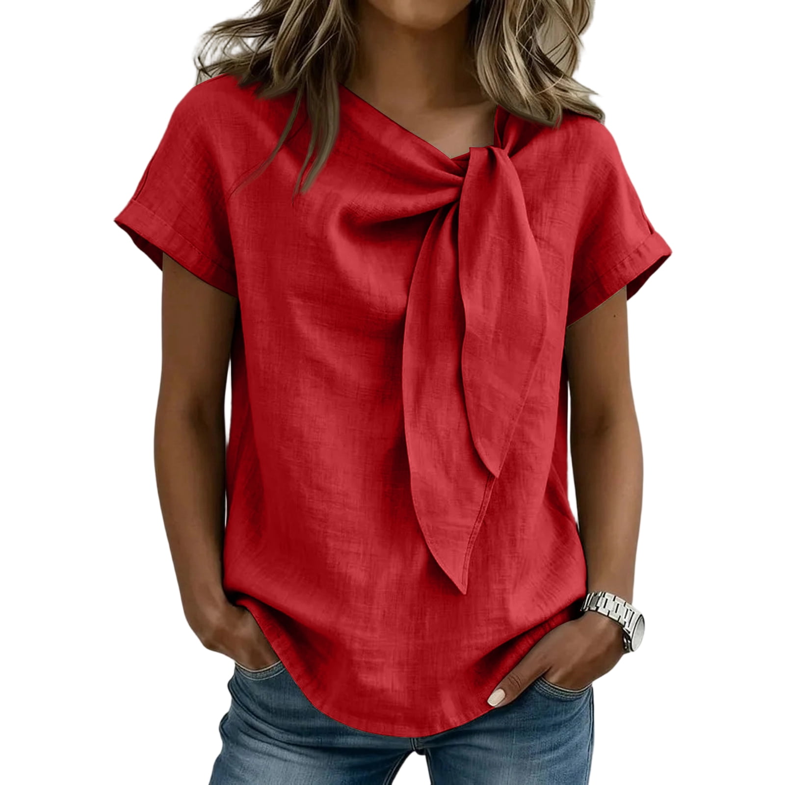 dgysar Womens Round Neck Tops Solid Color Short Sleeve Pullover T ...