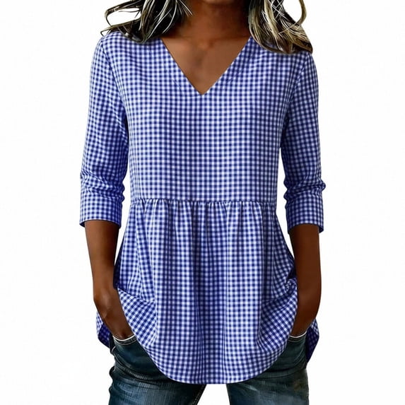 dgysar Womens T-Shirts V-Neck Plaid Pattern 3/4 Sleeve Loose Fit Cotton ...