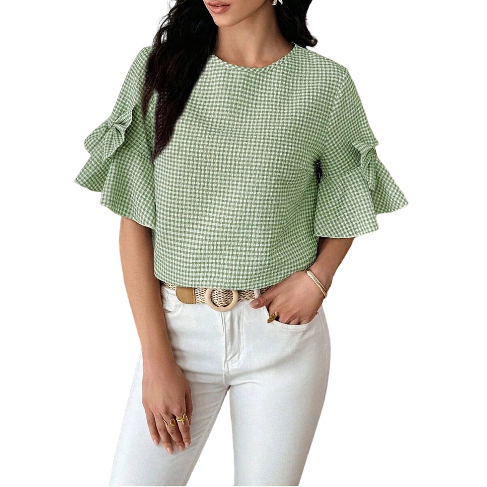dgysar Womens Tops Bow Decoration Plaid Pattern Round Neck Half Sleeve ...