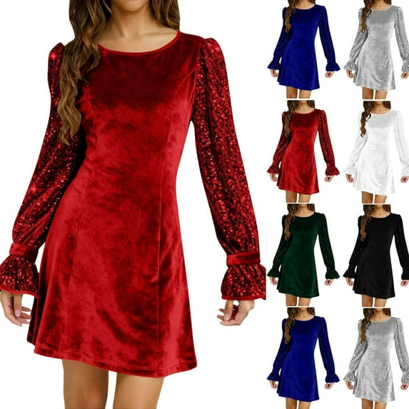 dgysar Womens Velvet Sequin Dresses Long Sleeve Round Neck Wedding ...