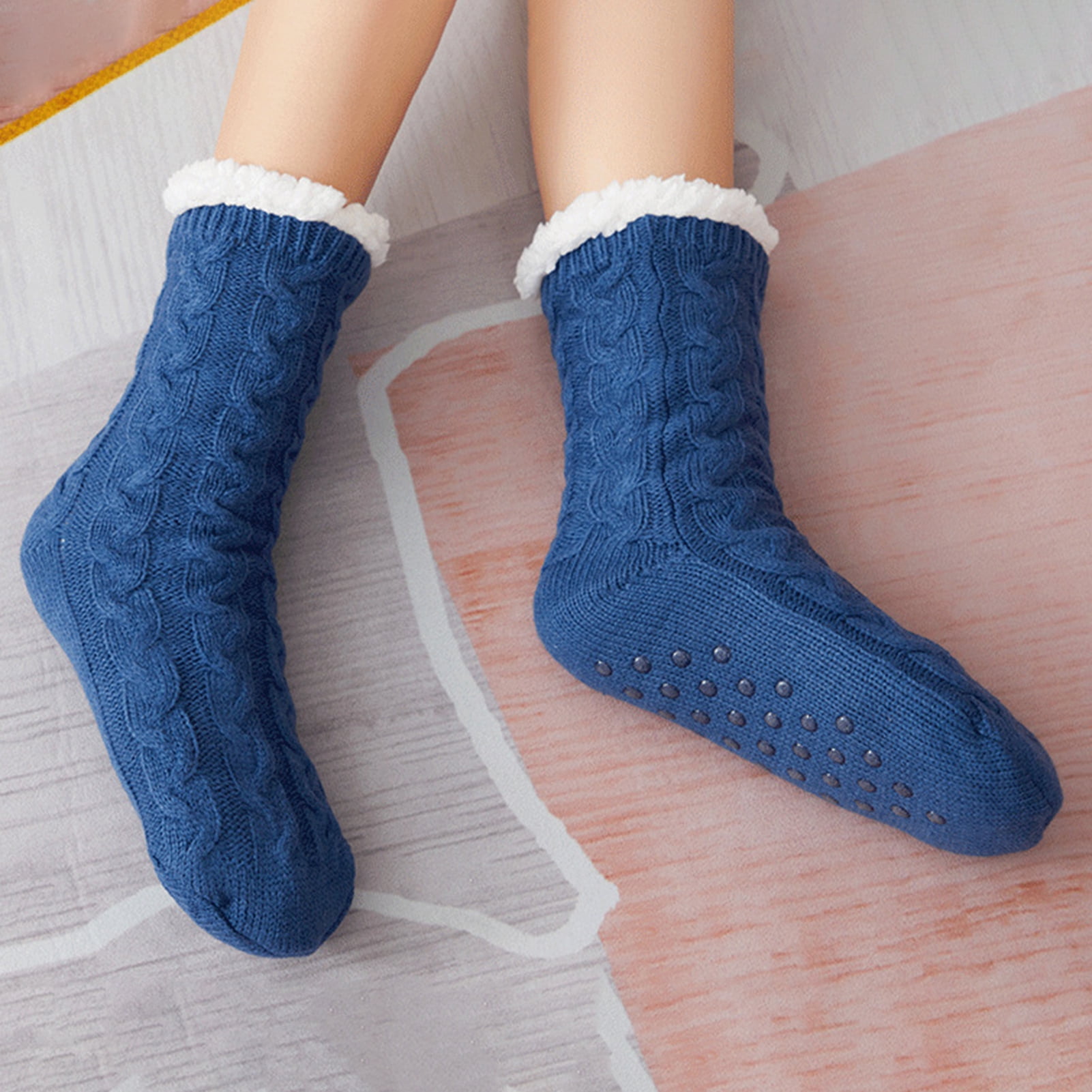 dianhelloya 1 Pair Women Winter Socks Thick Soft Plush Color Matching ...