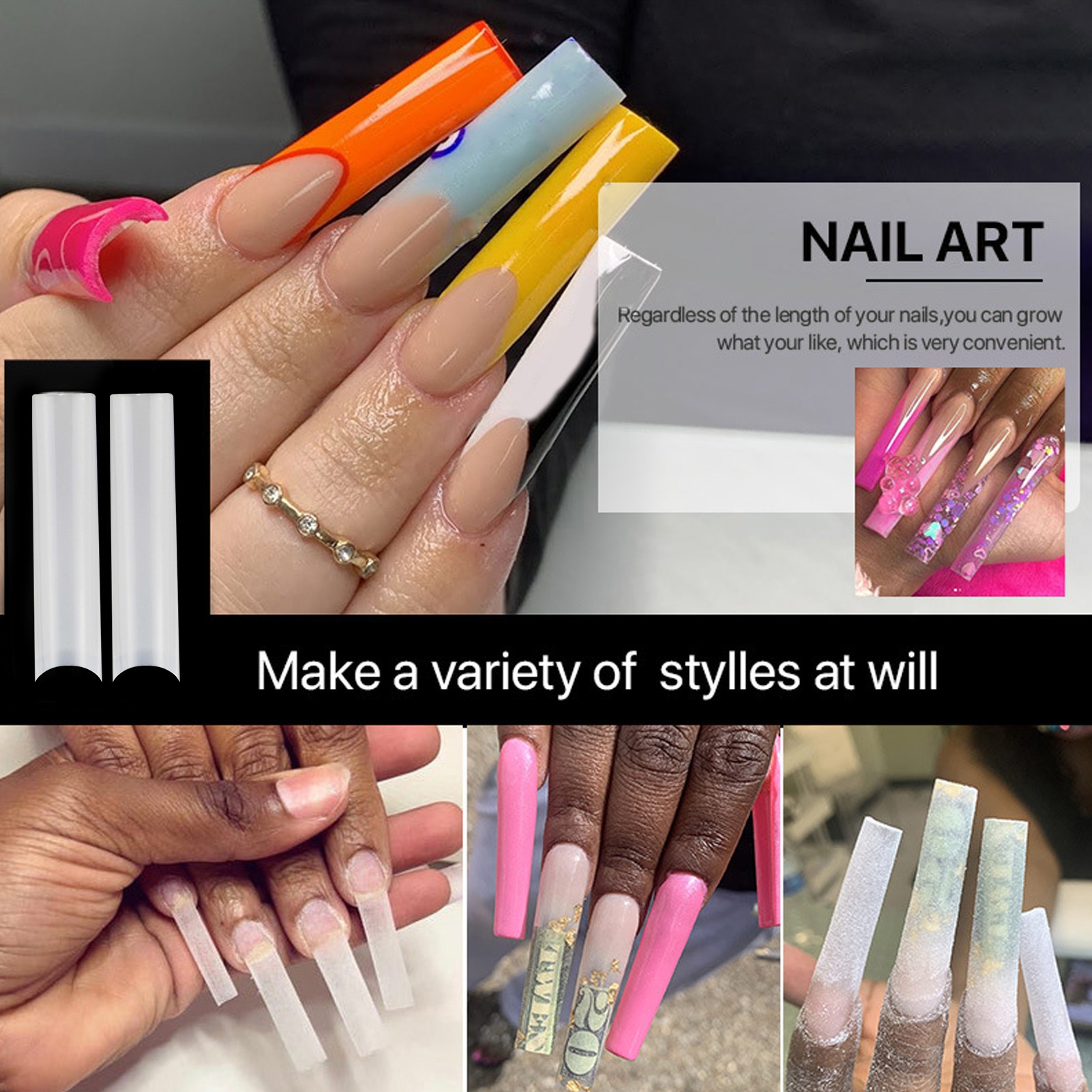 dianhelloya 504Pcs White/Transparent Nail Artificial Tips Long Flat ...