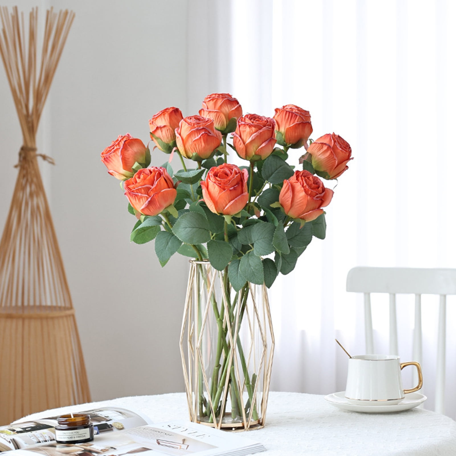 dianhelloya Artificial Rose Flower Branch with Stem Burnt Edge Green ...