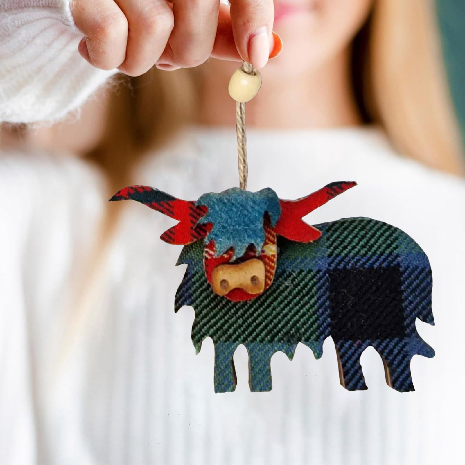 dianhelloya Charming Highland Cow Wooden Ornament with Tweed Fabric ...
