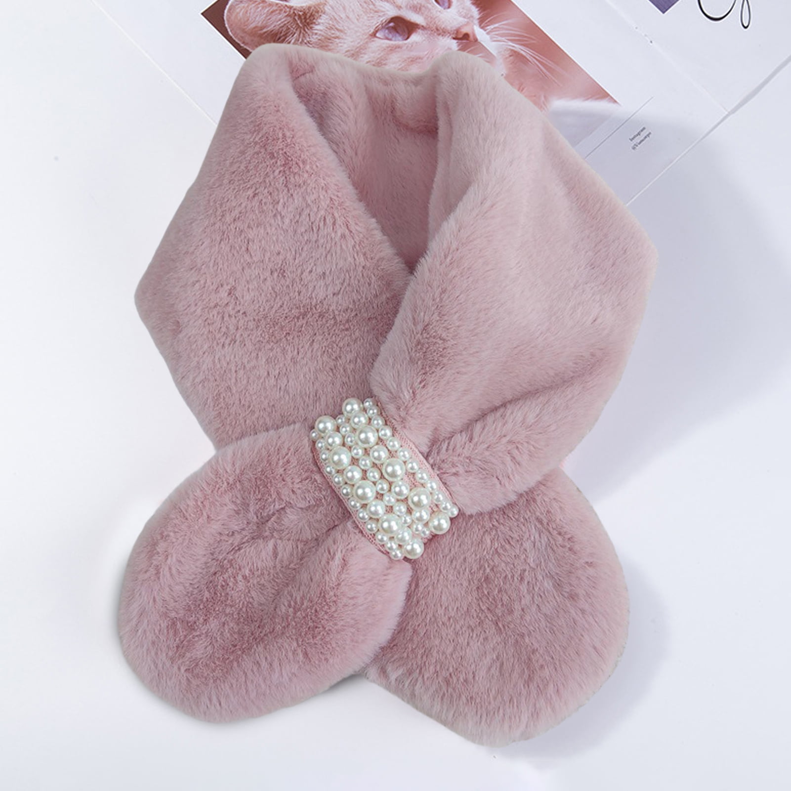 dianhelloya Cross Scarf Fake Pearl Buckle Faux Rabbit Fur Fuzzy Plush ...