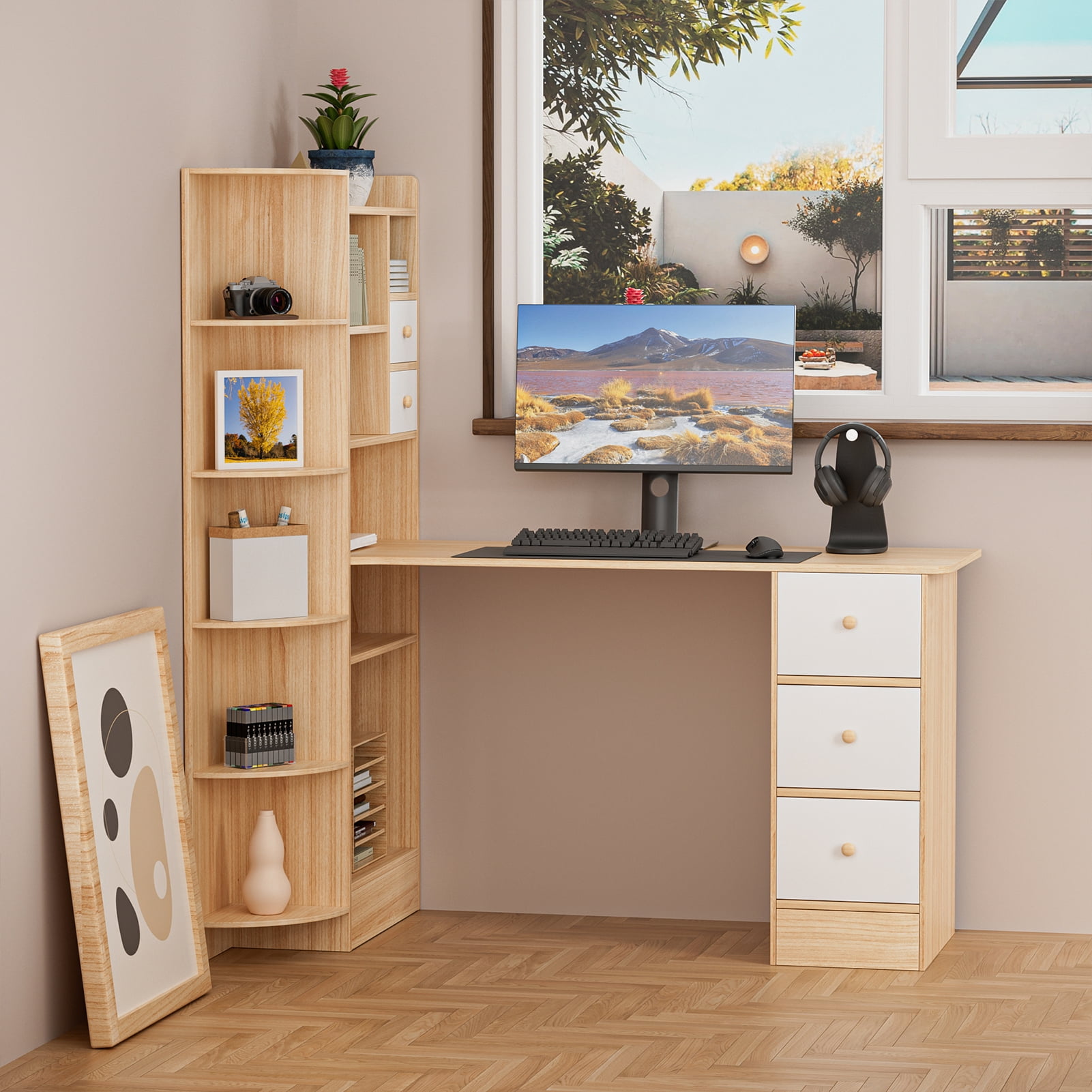 dianhelloya Desk Bookshelf Combo, 2-in-1 L-Shaped Computer Desk with ...