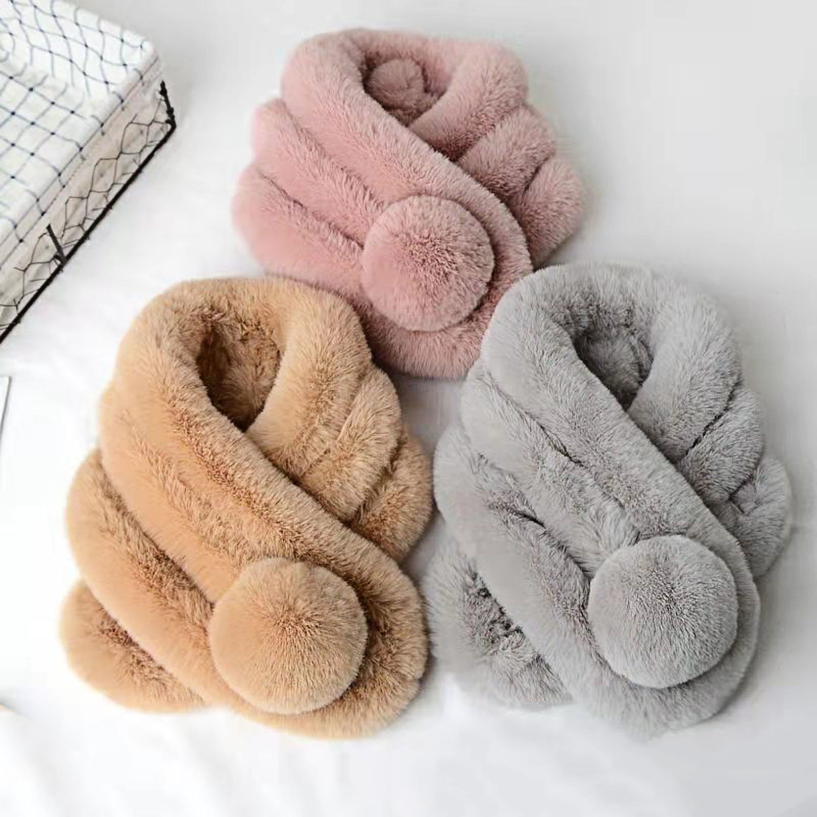 dianhelloya Faux Fur Solid Color Winter Scarf Plush Ball Wide Thickened ...
