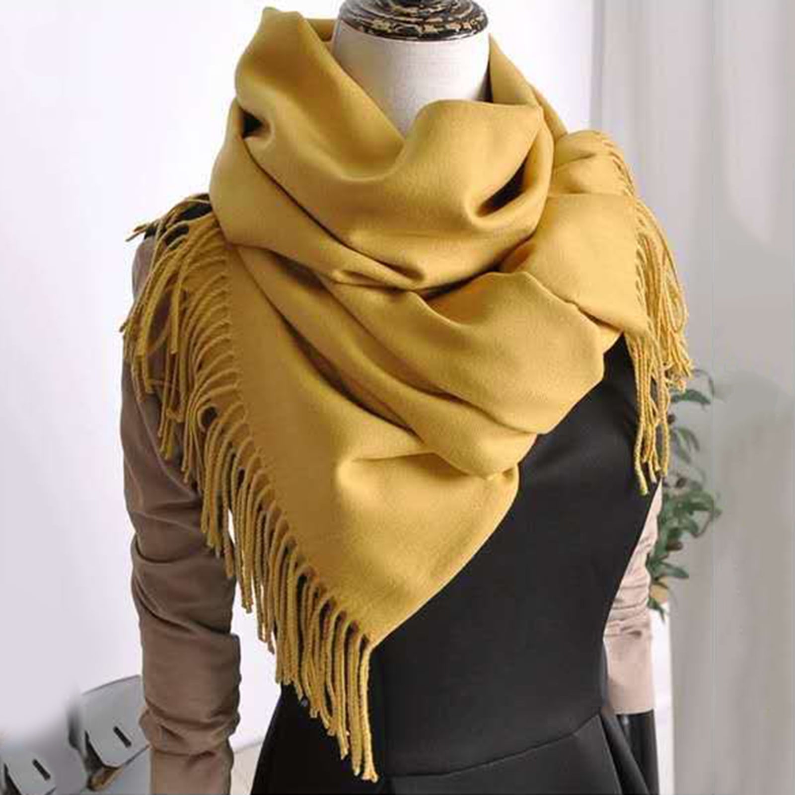 dianhelloya Female Fall Winter Scarf Thickened Faux Tassel Solid Color ...