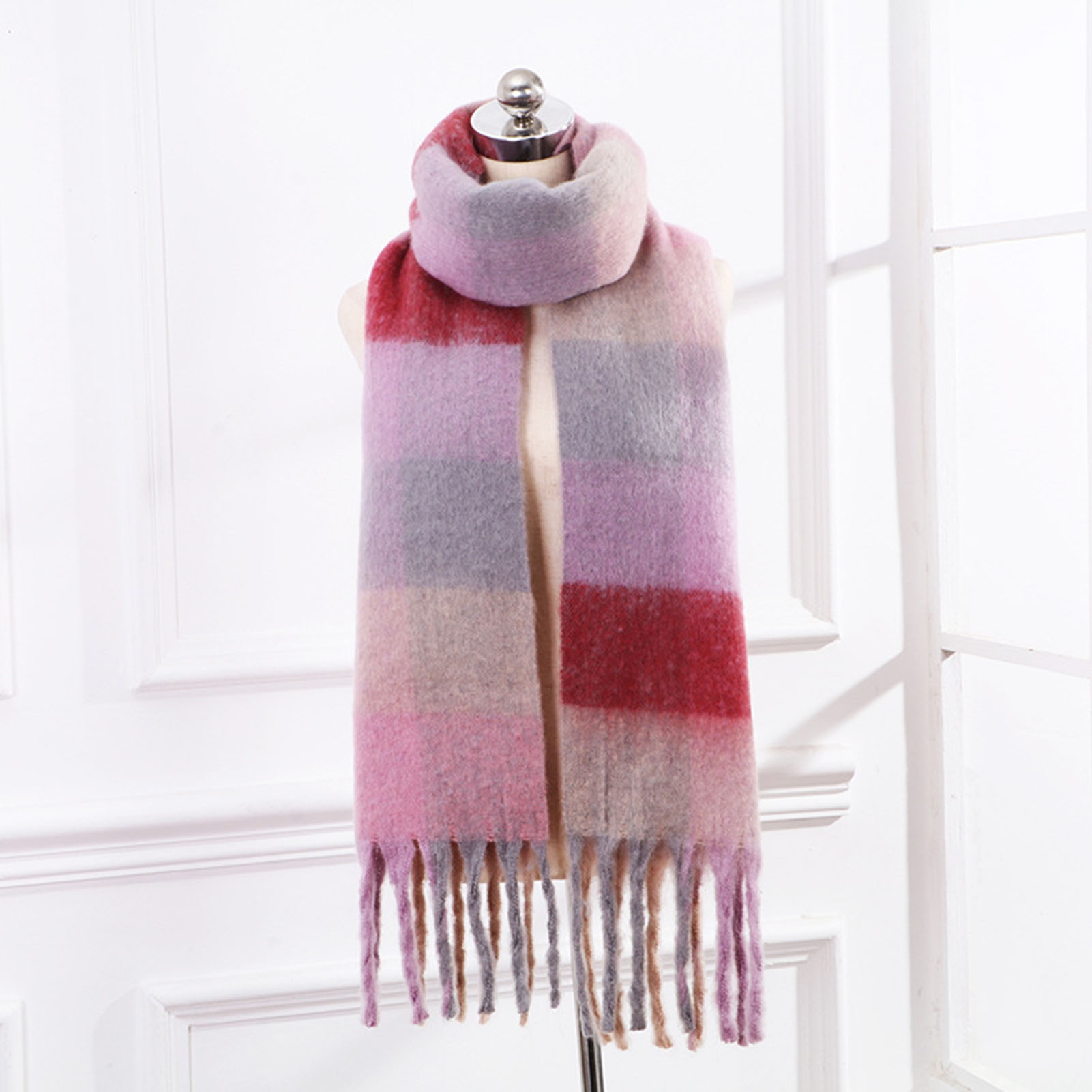 dianhelloya Female Winter Scarf Colorful Colorblock Tassel Decor Thick Warm Plaid Print Soft ...