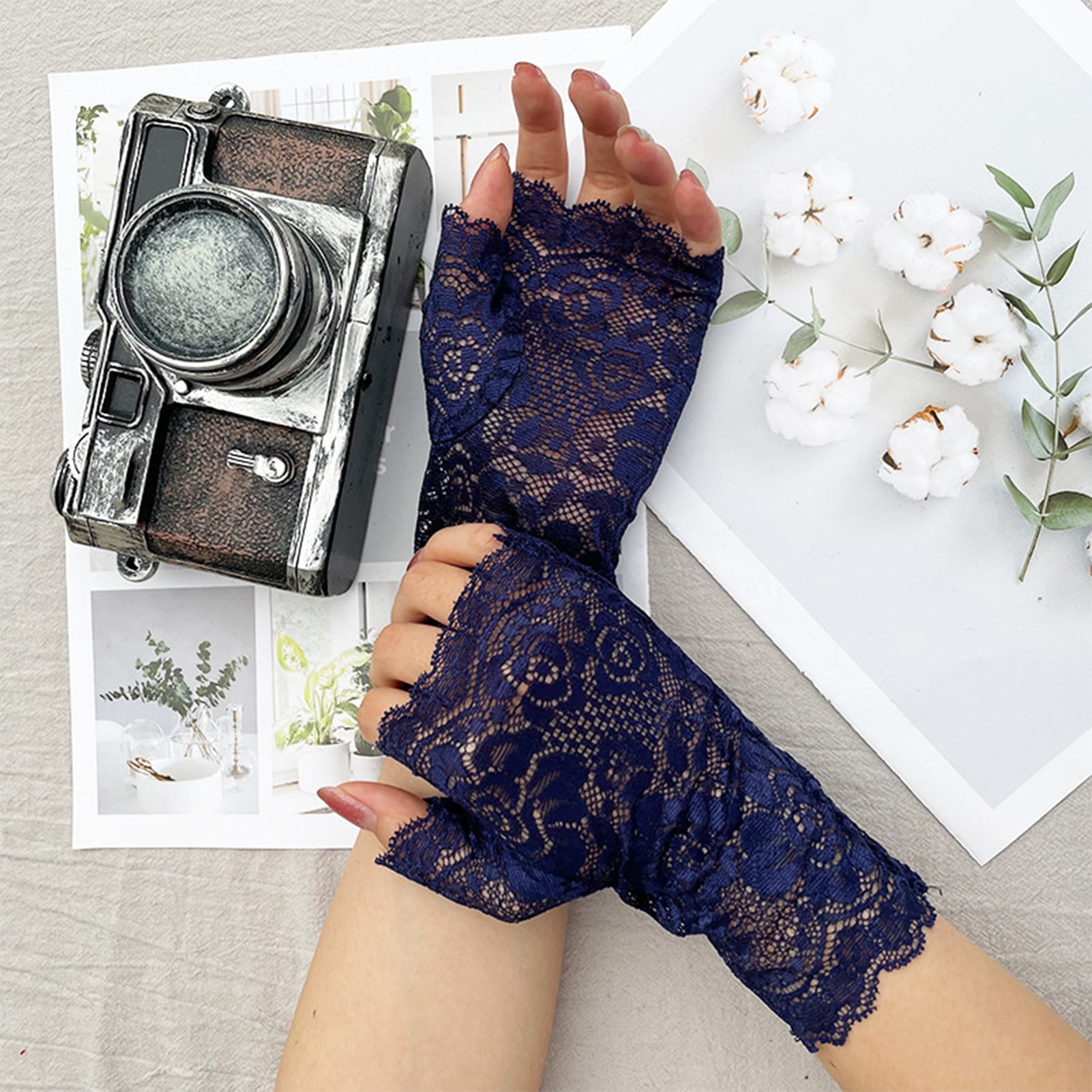 dianhelloya Gloves Half Fingers Lace See-through Hollow Out Flower ...