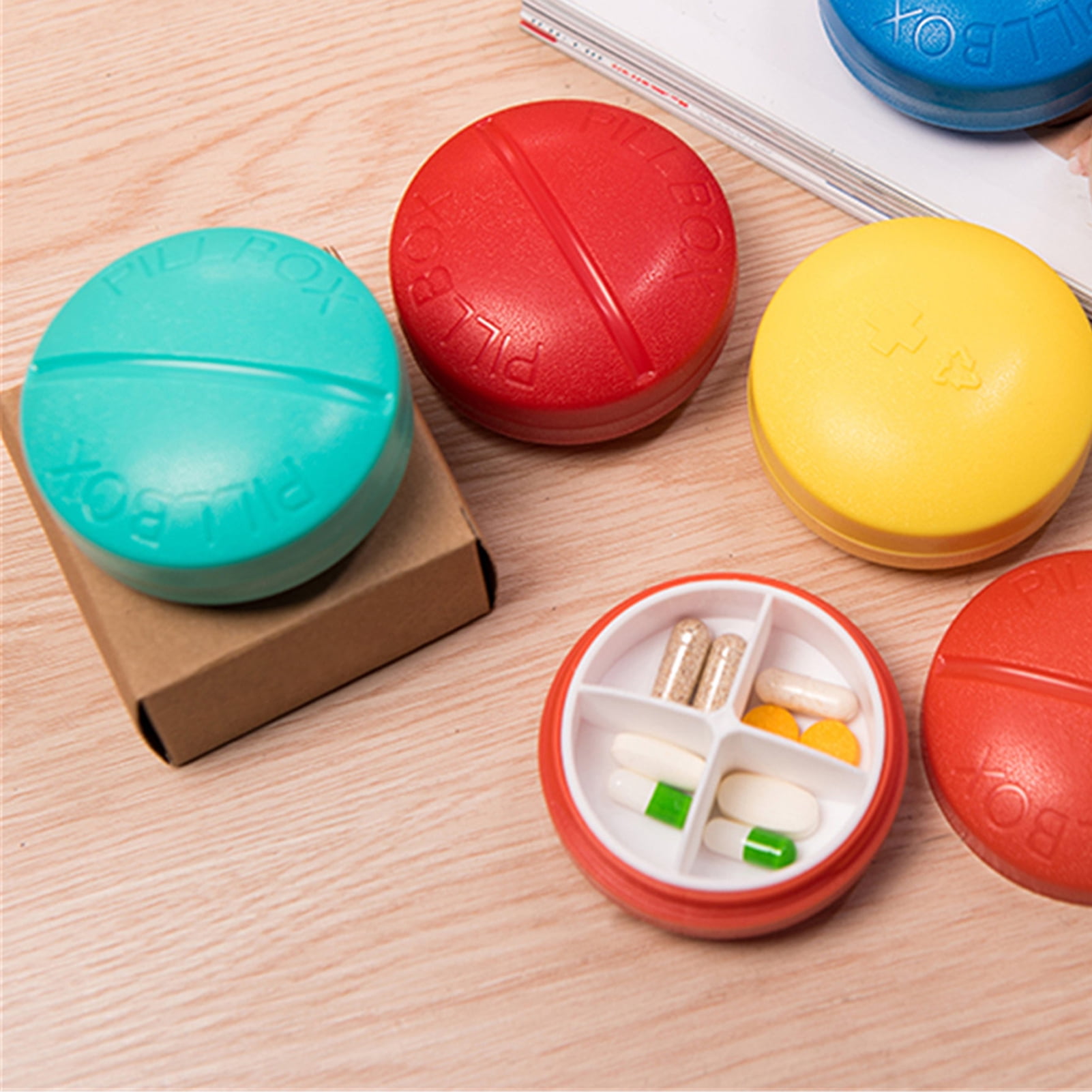 dianhelloya Pill Box Round Shape 4 Compartments Portable Capsule Tablet ...