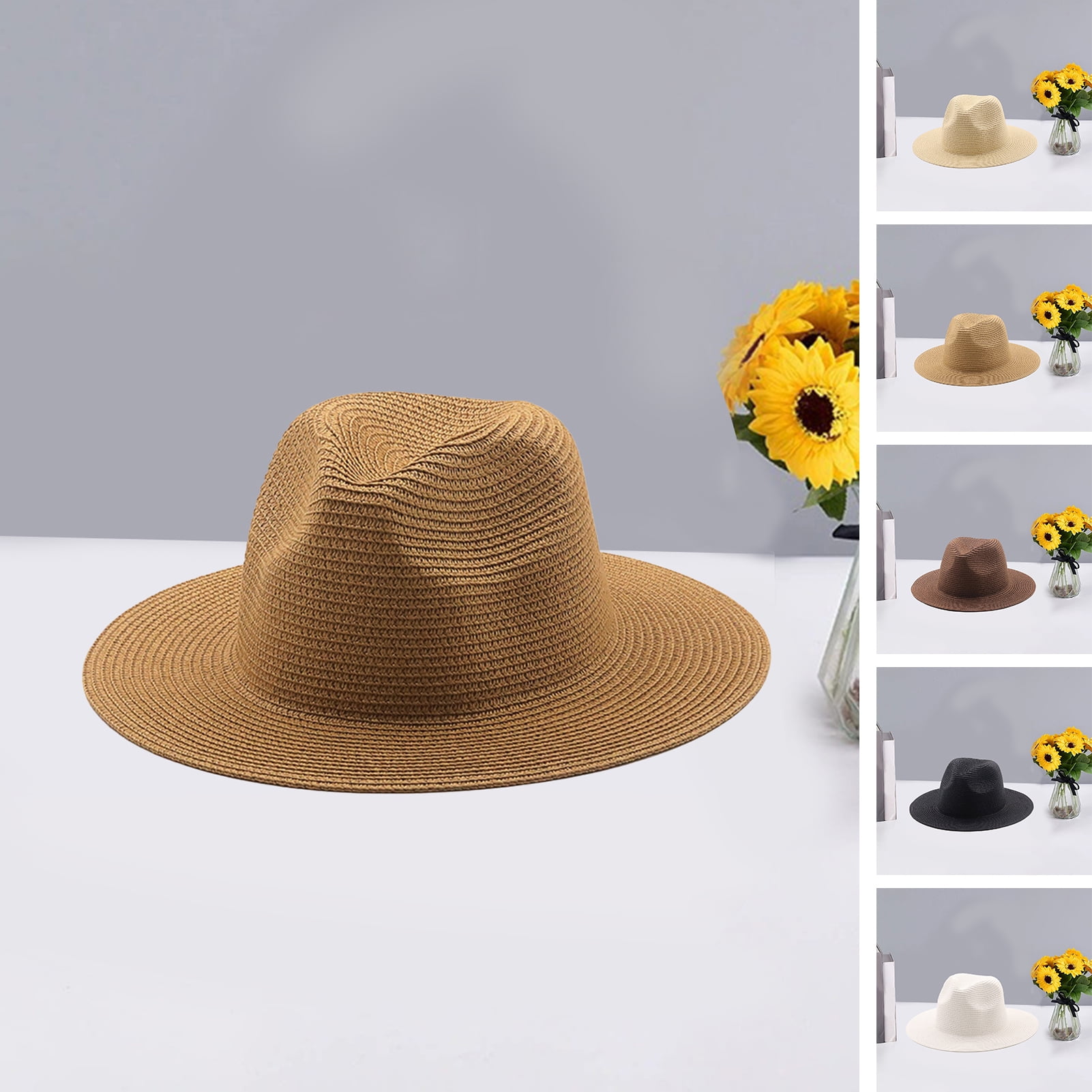 dianhelloya Solid Color Folding Thin Straw Hat Unisex Big Brim ...