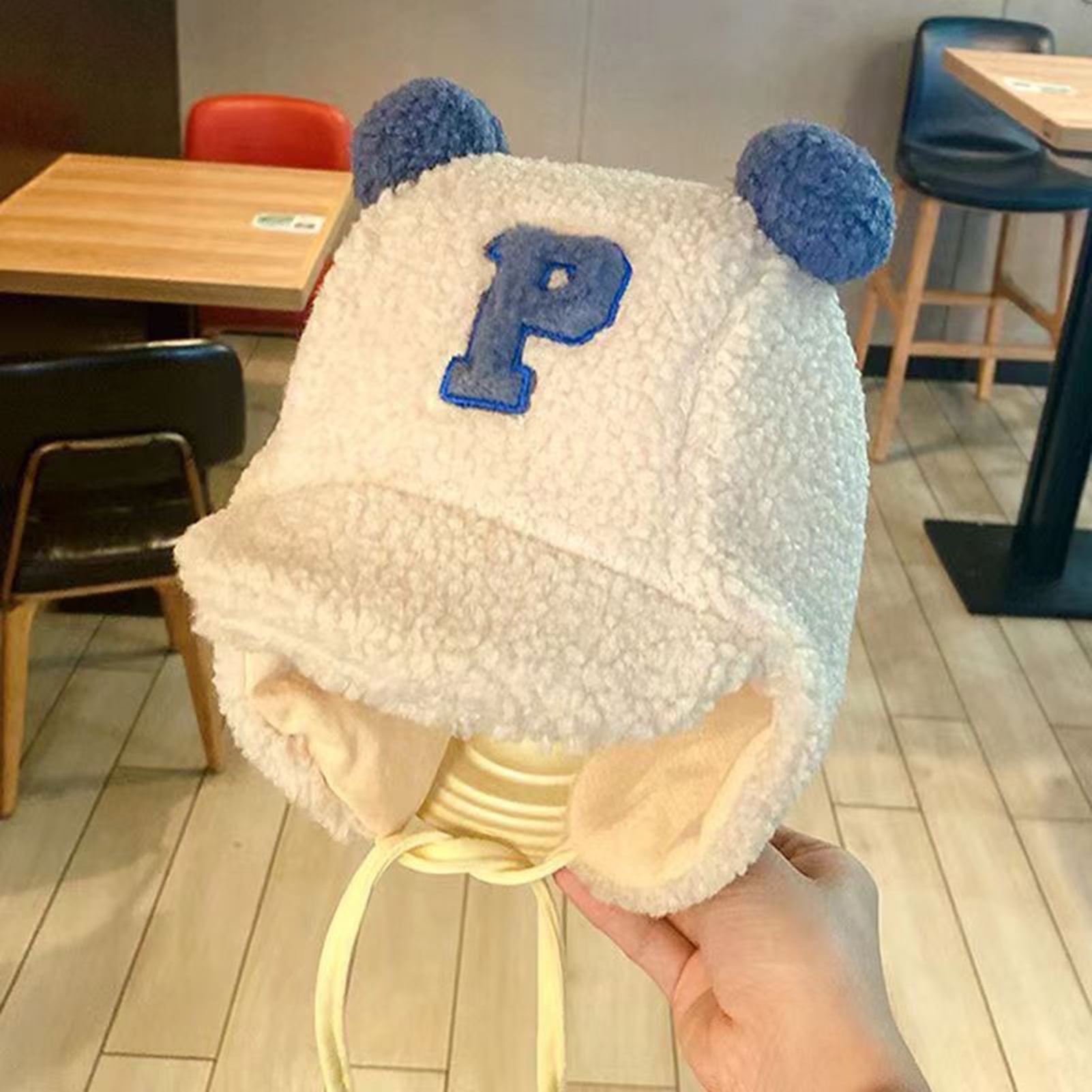 dianhelloya Warm hat Earflap Hat Pompoms Letter Embroidery Lace Up with ...