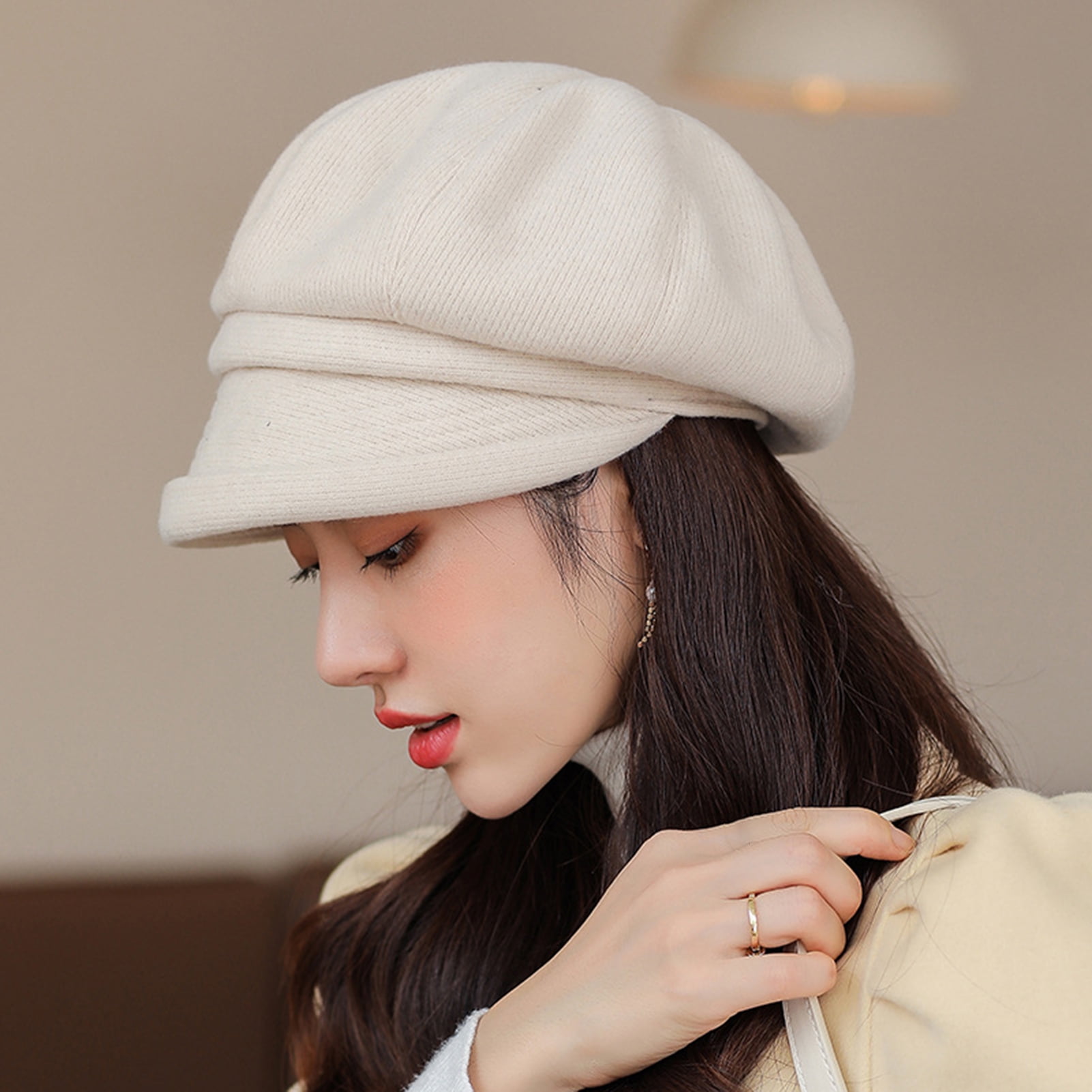 dianhelloya Warm hat LadyBeret Retro Thick Solid Color Casual Curled ...