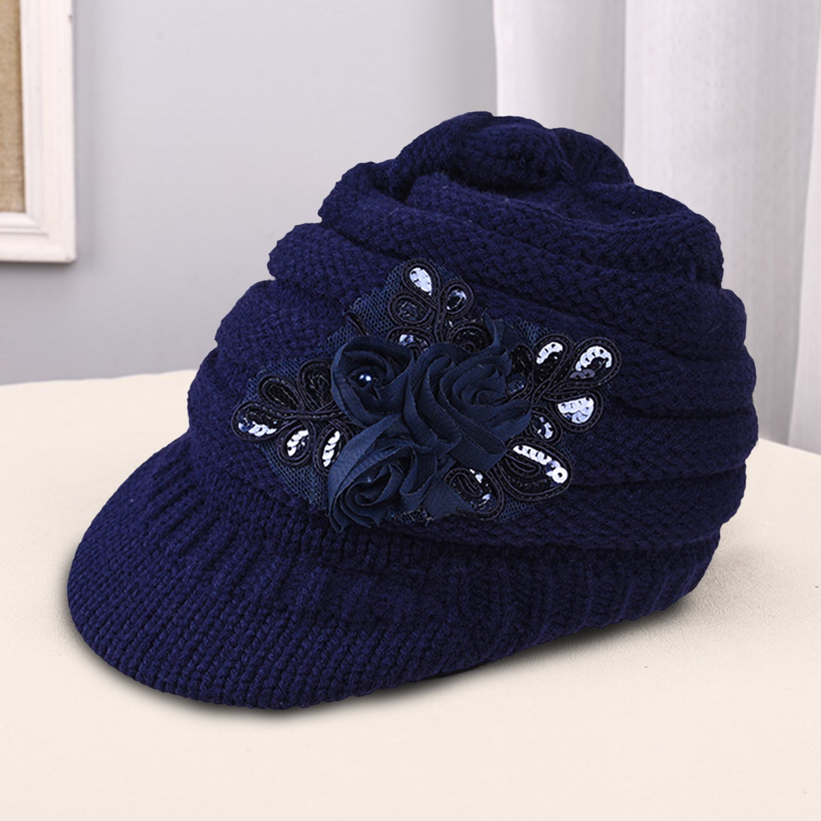 dianhelloya Warm hat Wide Brim Earflap Solid Color Knitted Cap Women ...