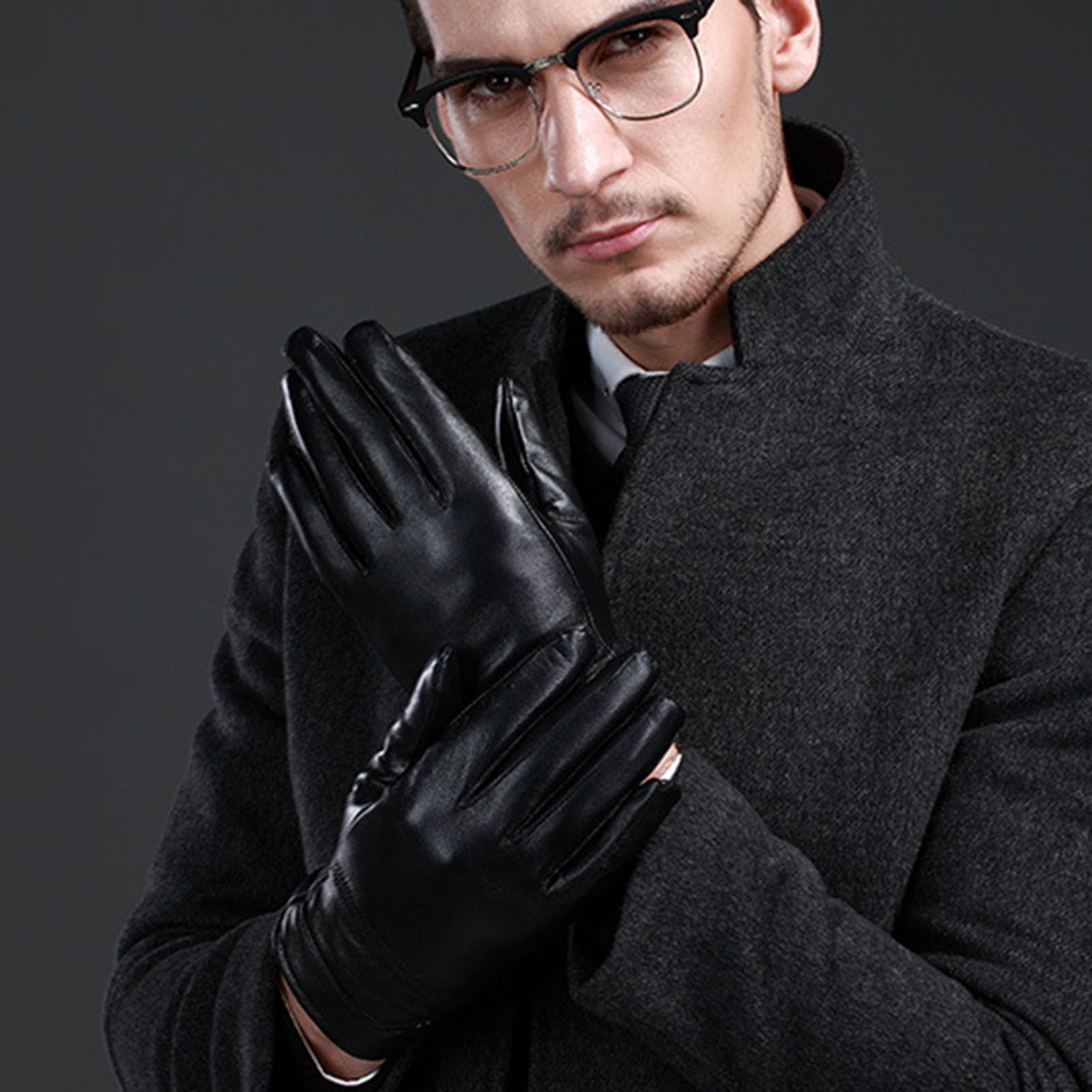 dianhelloya Winter Gloves Plush Full Fingers Genuine Leather Solid Color Anti-slip Windproof ...