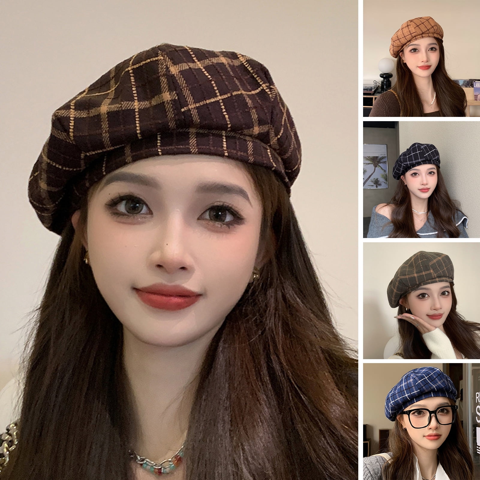 dianhelloya Women Winter Beret Plaid Print Contrast Color Elastic ...