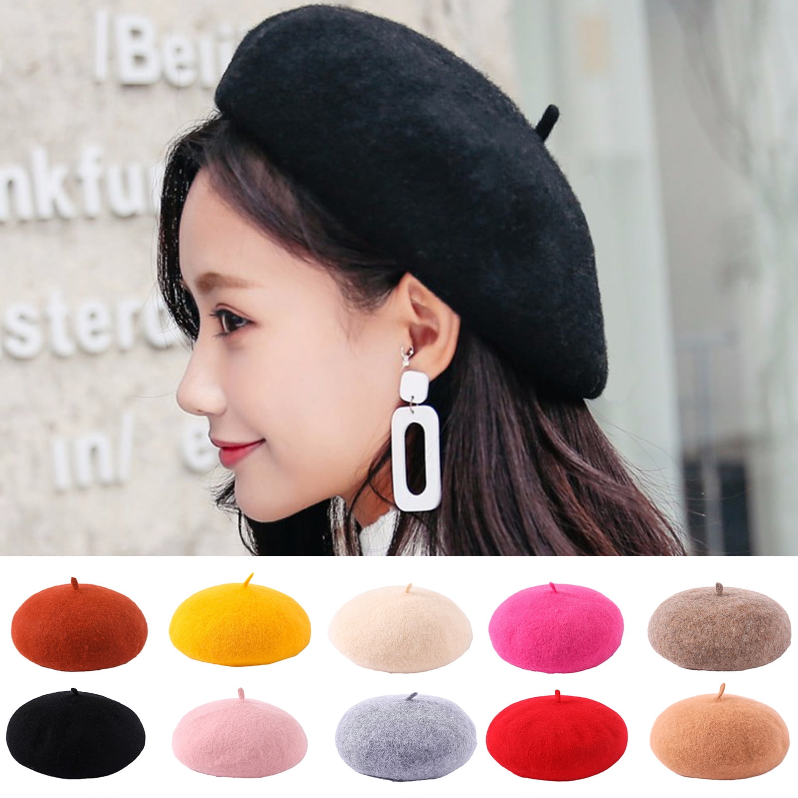 dianhelloya Women Winter Beret Vintage Solid Color Thick Knitted ...