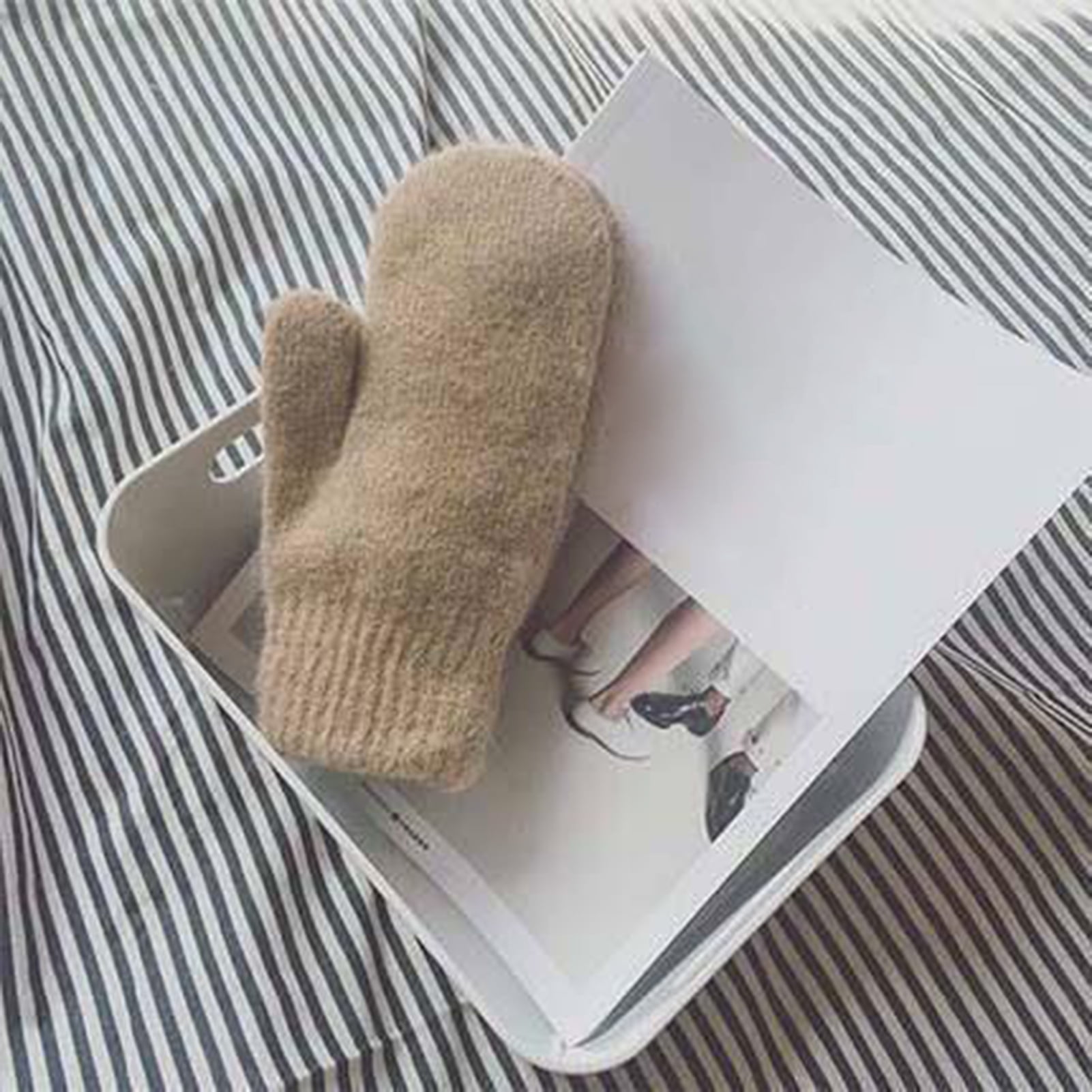 dianhelloya Women Winter Mittens Faux Rabbit Fur Fleece Solid Color ...