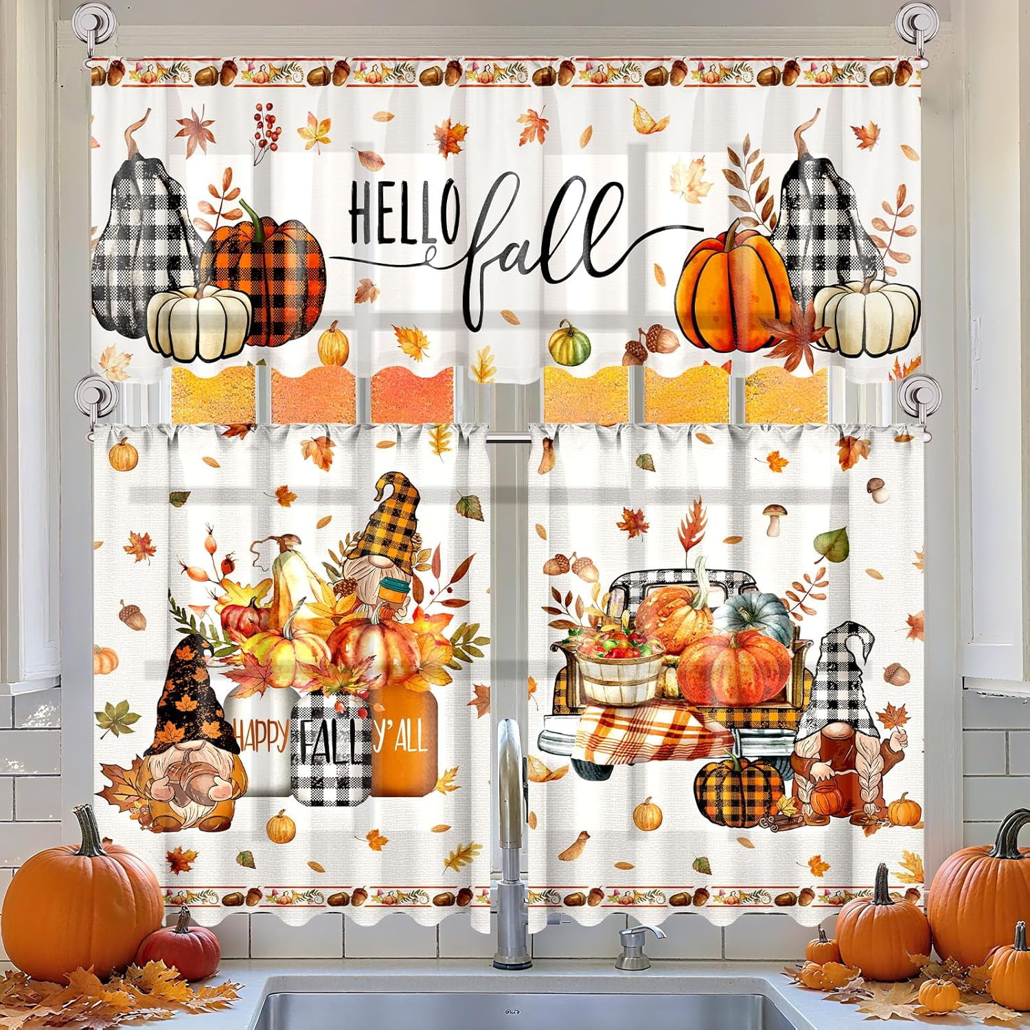 dinii 3 Pcs Fall Thanksgiving Buffalo Plaid Pumpkin Curtains Valances ...