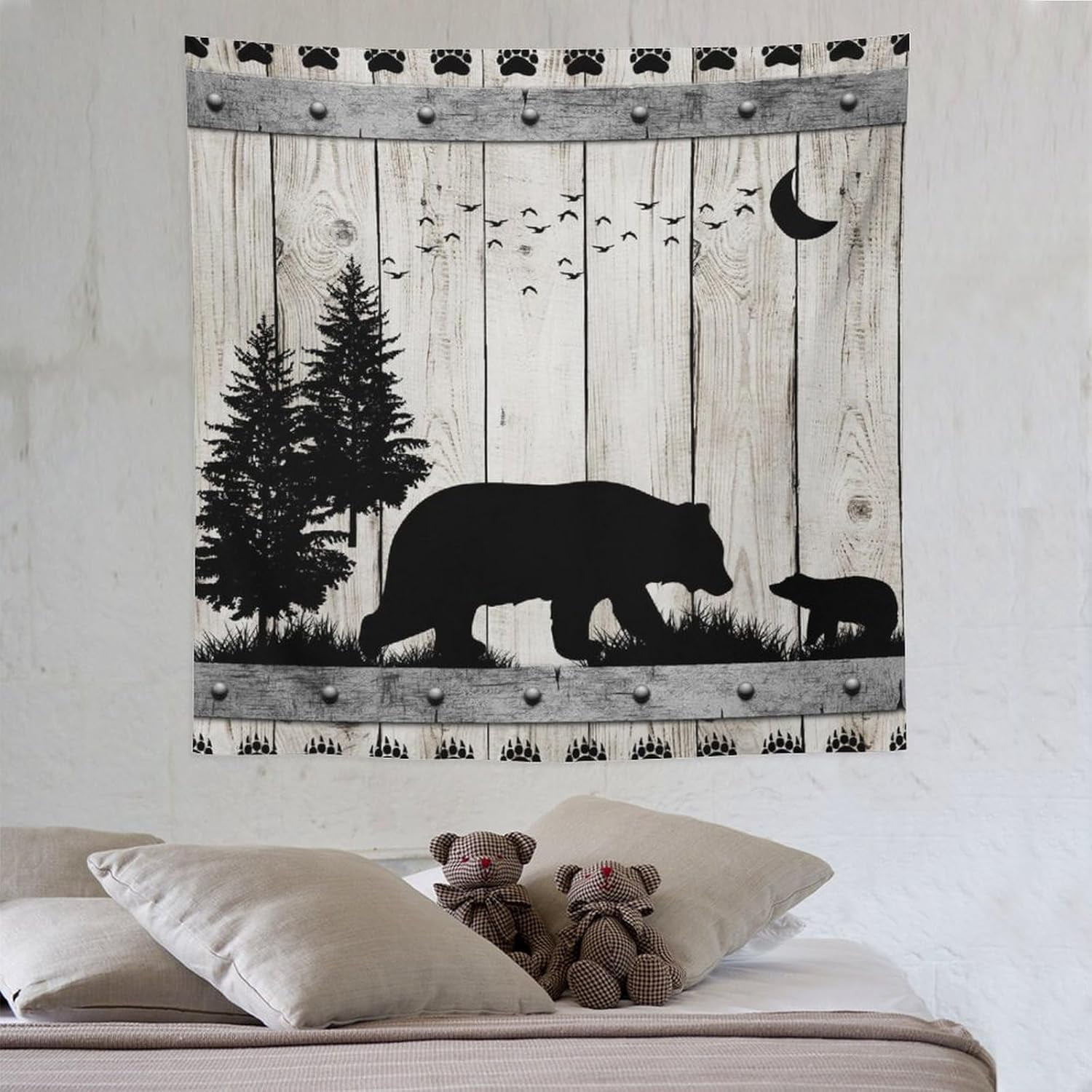 dinii Cabin Bear Tapestry Wall Hanging Rustic Farmhouse Wooden Western ...
