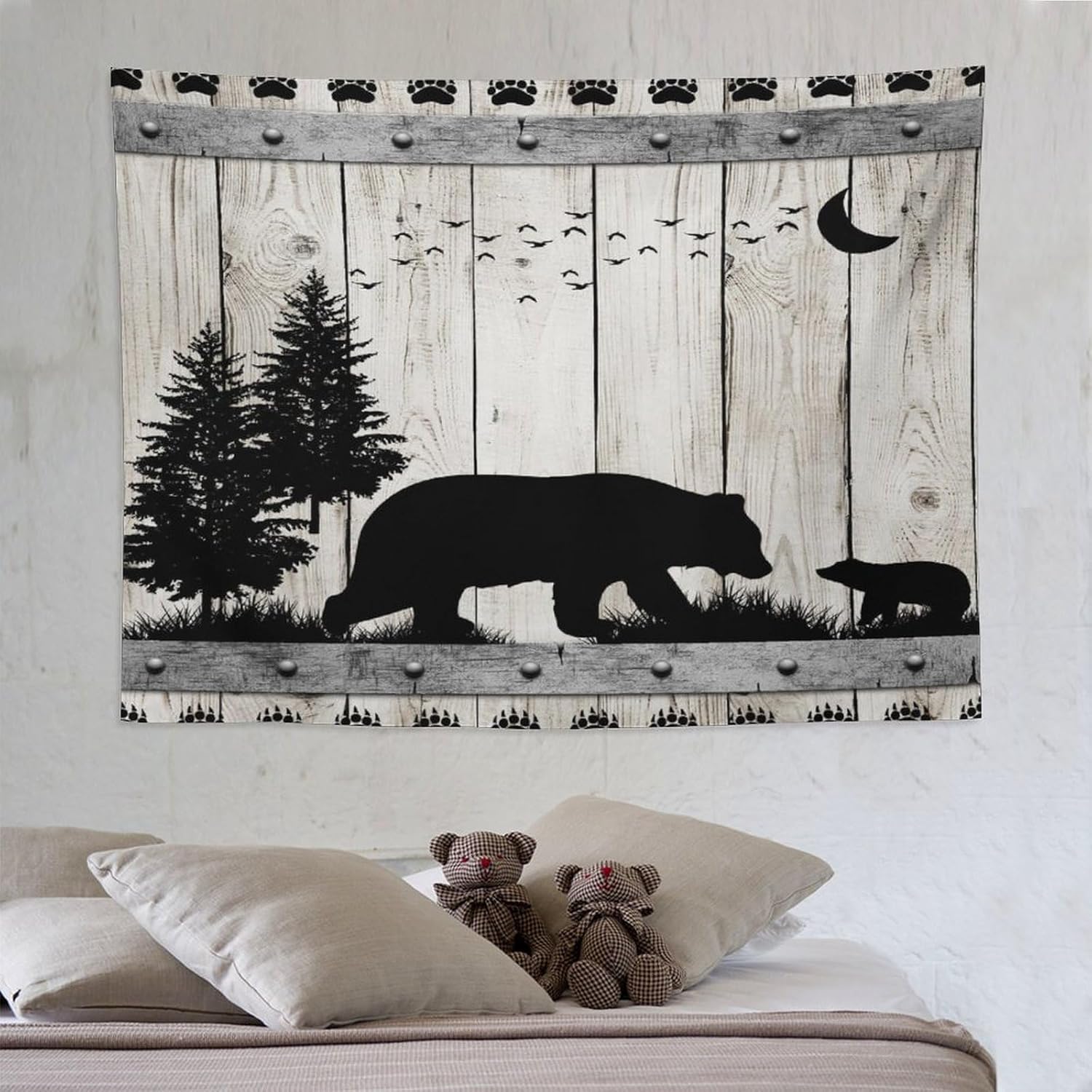 dinii Cabin Bear Tapestry Wall Hanging Rustic Farmhouse Wooden Western ...