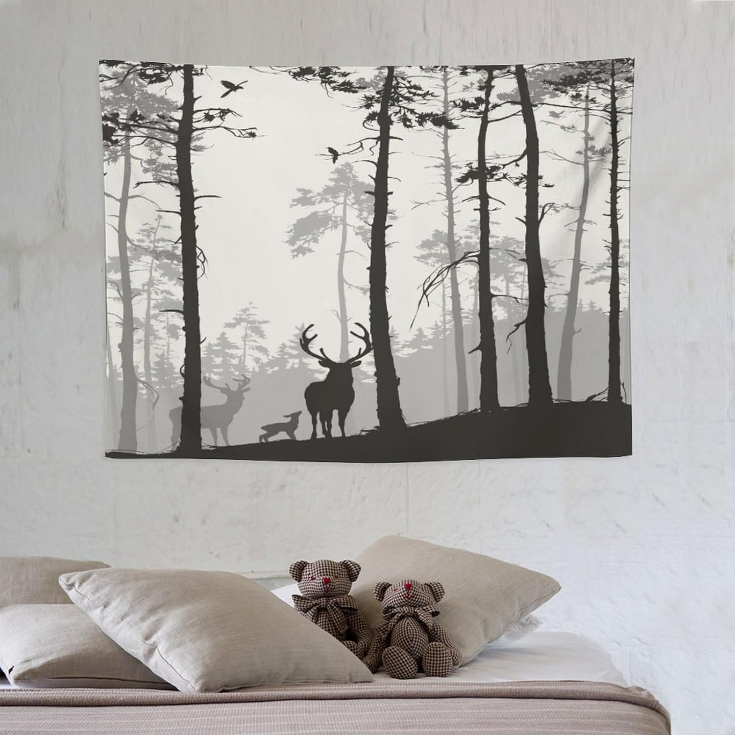 dinii Foggy Forest Deer Tapestry Wall Hanging Nature Wildlife Retro ...