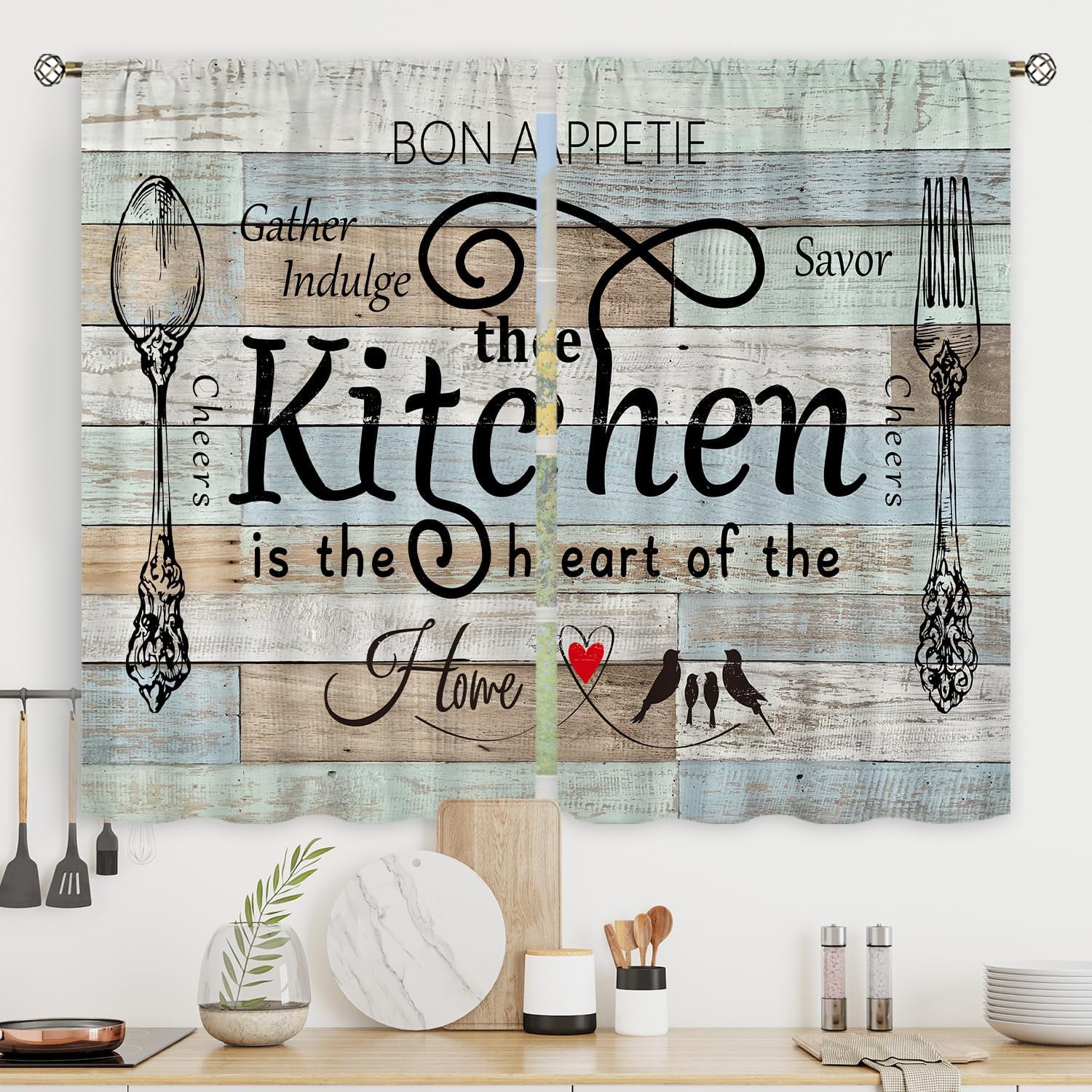 dinii Kitchen Curtains Rustic Farmhouse 55x39 Inch Rod Pocket Country Short Small Barn Fork and ...
