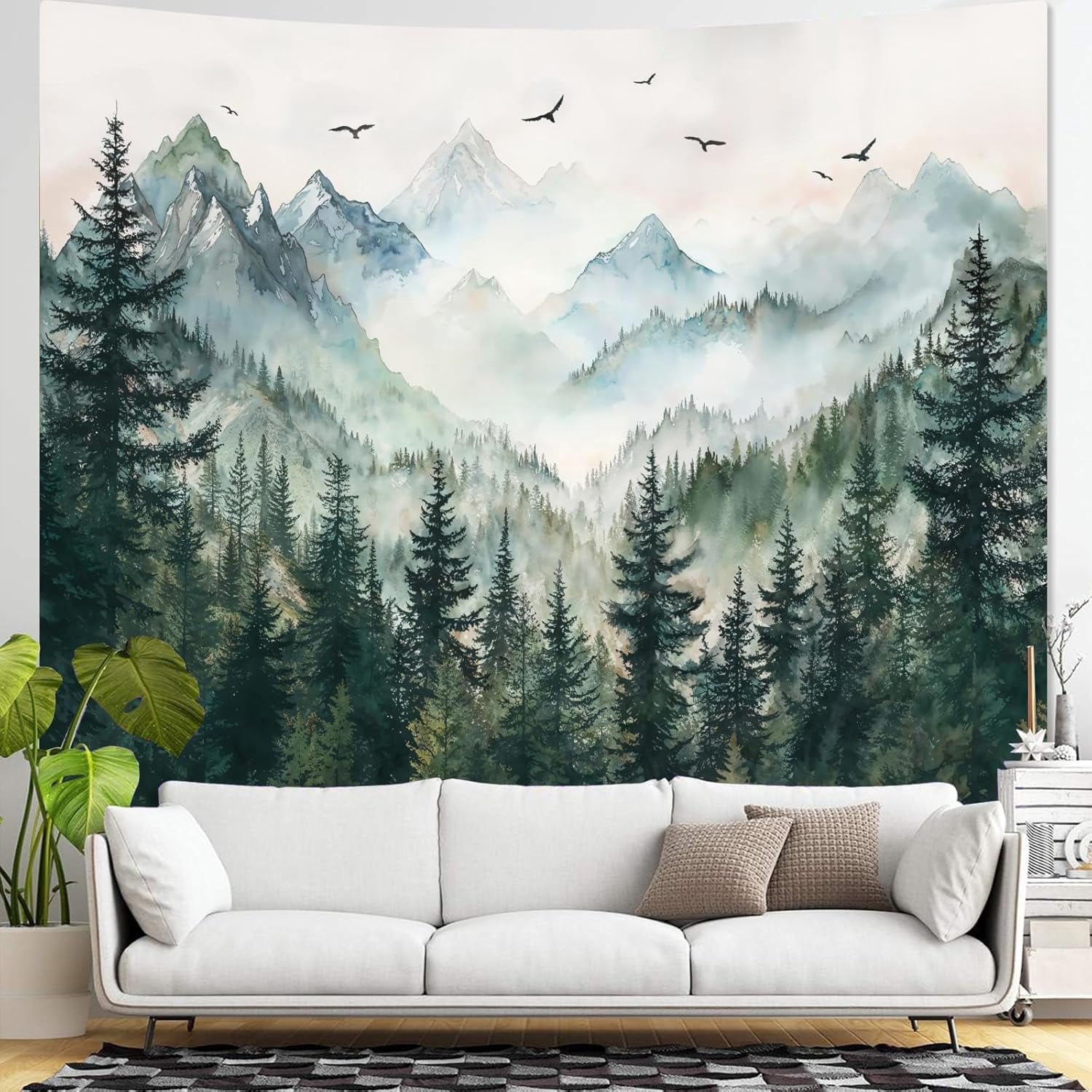 dinii Misty Forest Mountain Tapestry Sage Green Nature Pine Tree ...