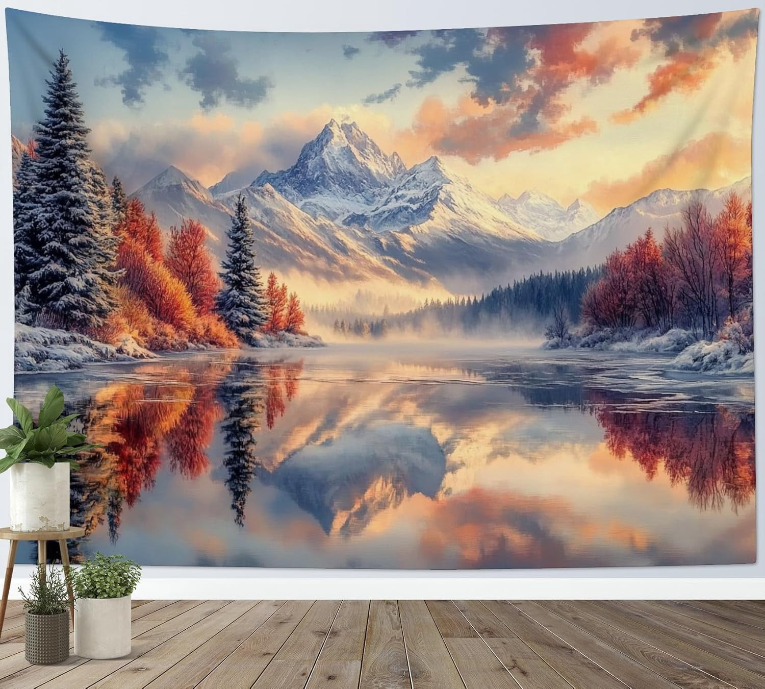 dinii Snow Mountain Tapestry for Bedroom Red Forest Trees by River Wall ...