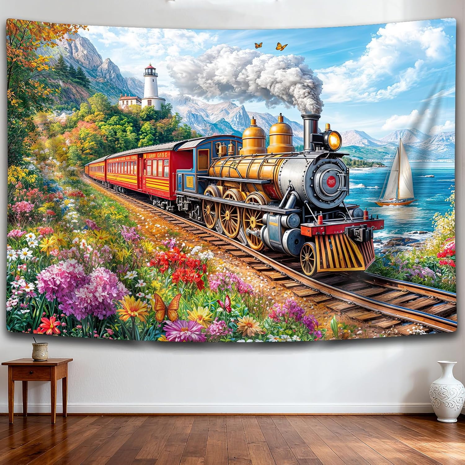 dinii Steam Train By The Seaside Tapestry,Fantasy Scenery Flowers ...