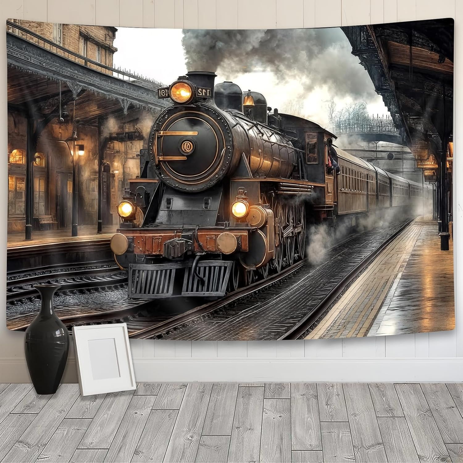 dinii Vintage Train Station Tapestry, Old Fashioned Steam Train Western ...