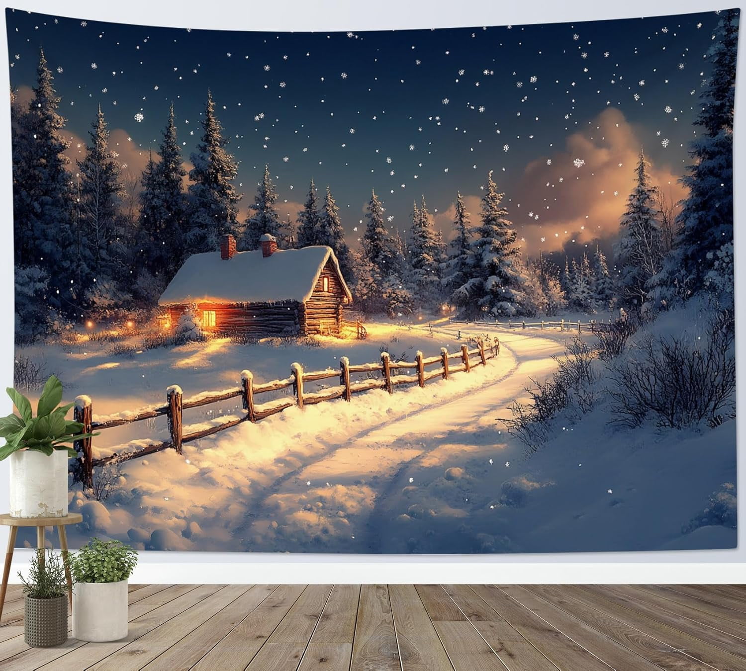 dinii Winter Farmhouse Tapestry Wall Hanging Snow Forest Rustic Night ...