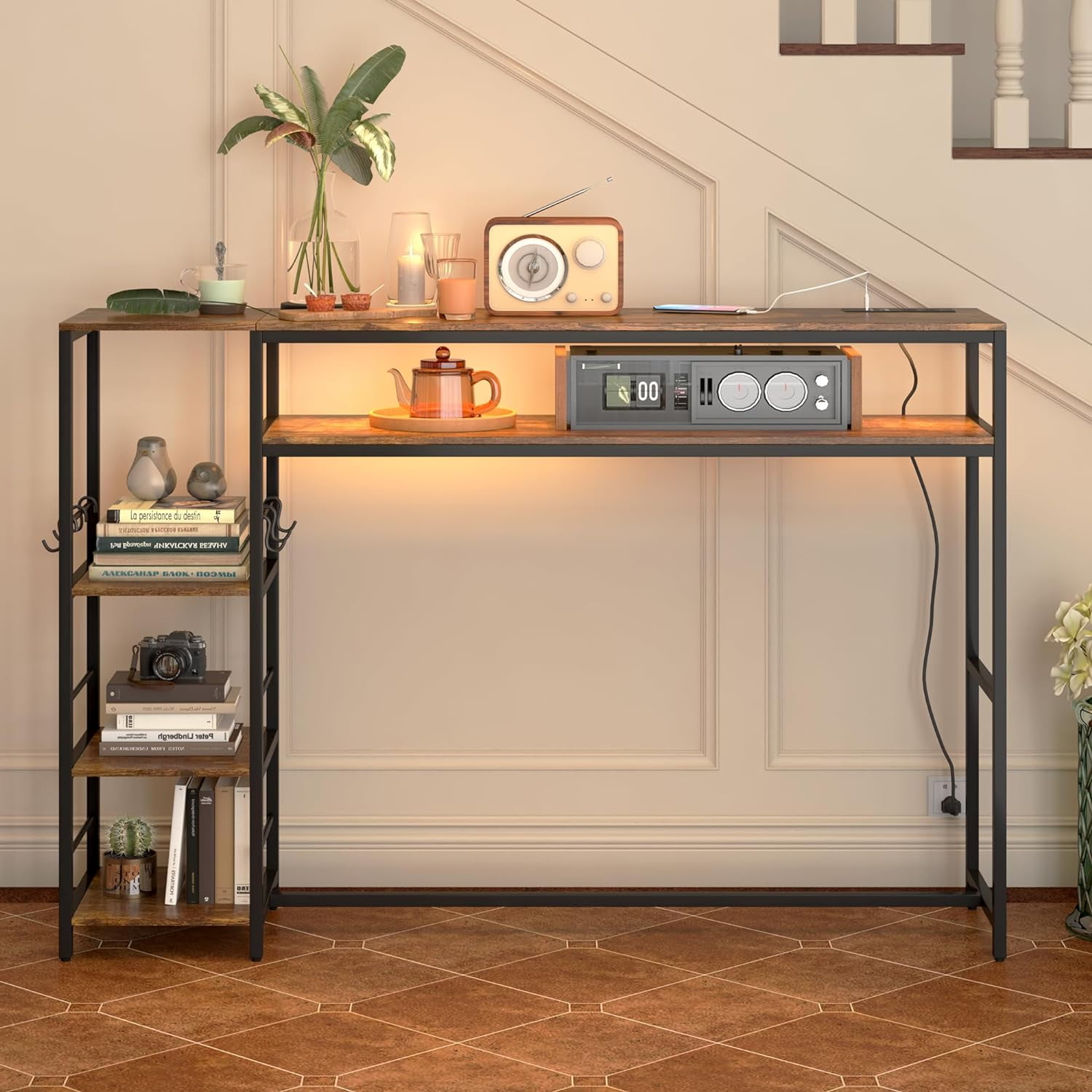 dnbss 60'' Entryway Table with Storage and Outlet, LED Console Table ...