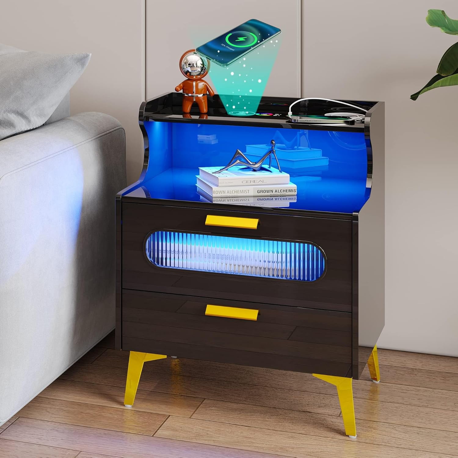 dnbss Black and Gold Nightstand with 2 Drawers & Wireless Charging ...