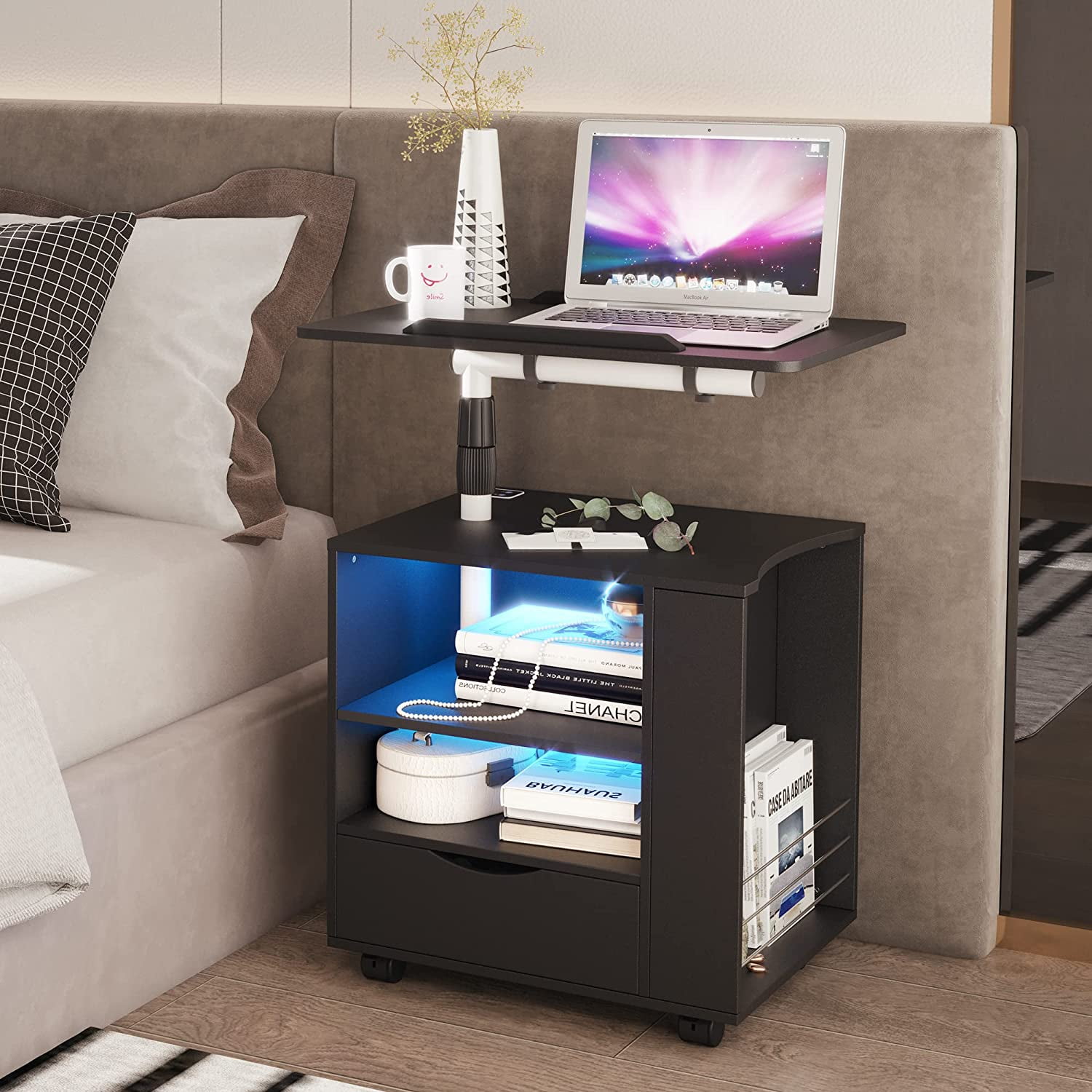 dnbss LED Nightstand with Charging Station, 360° Swivel Bedside Table ...