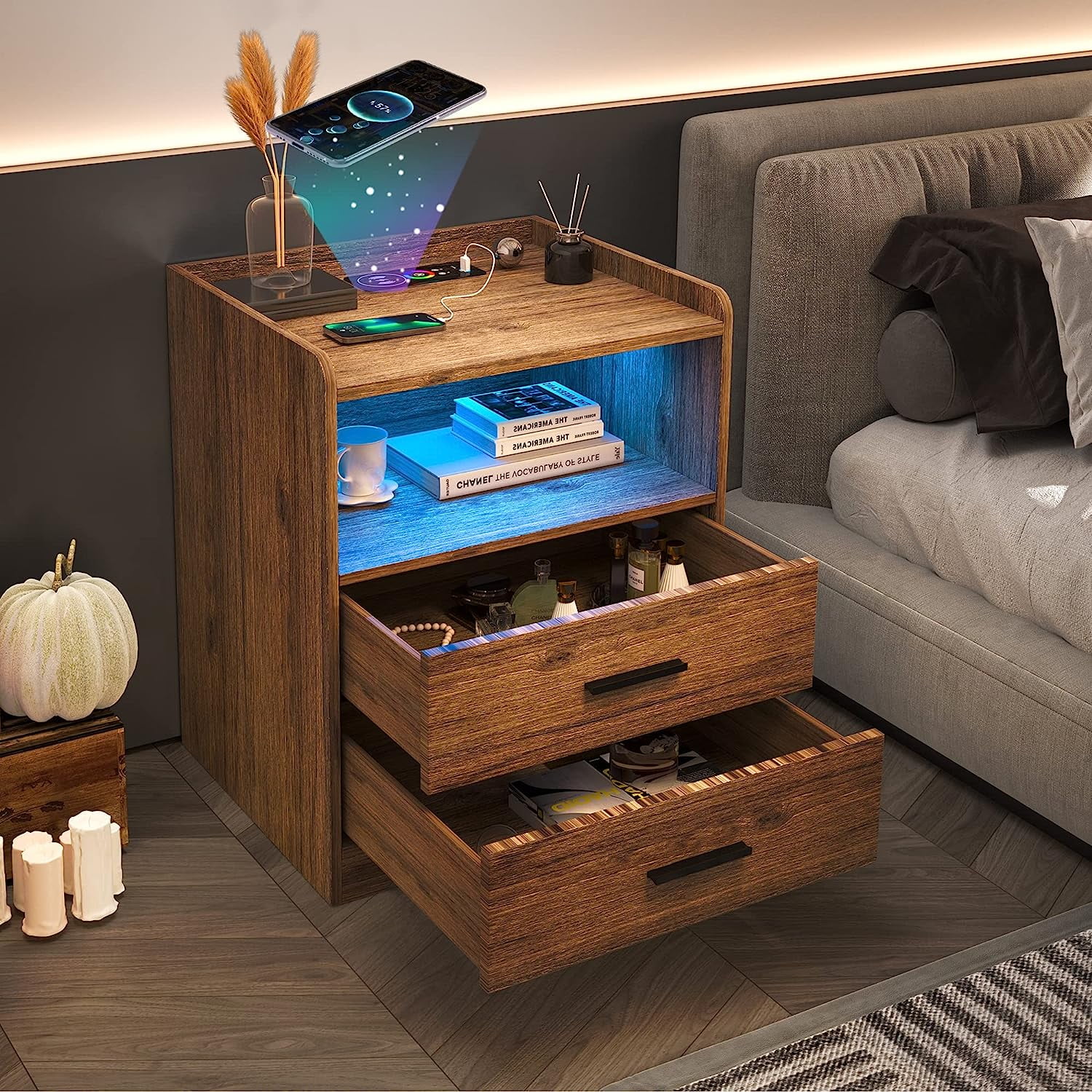 dnbss LED Nightstand with Charging Station, Smart Bedside Table with 24 ...