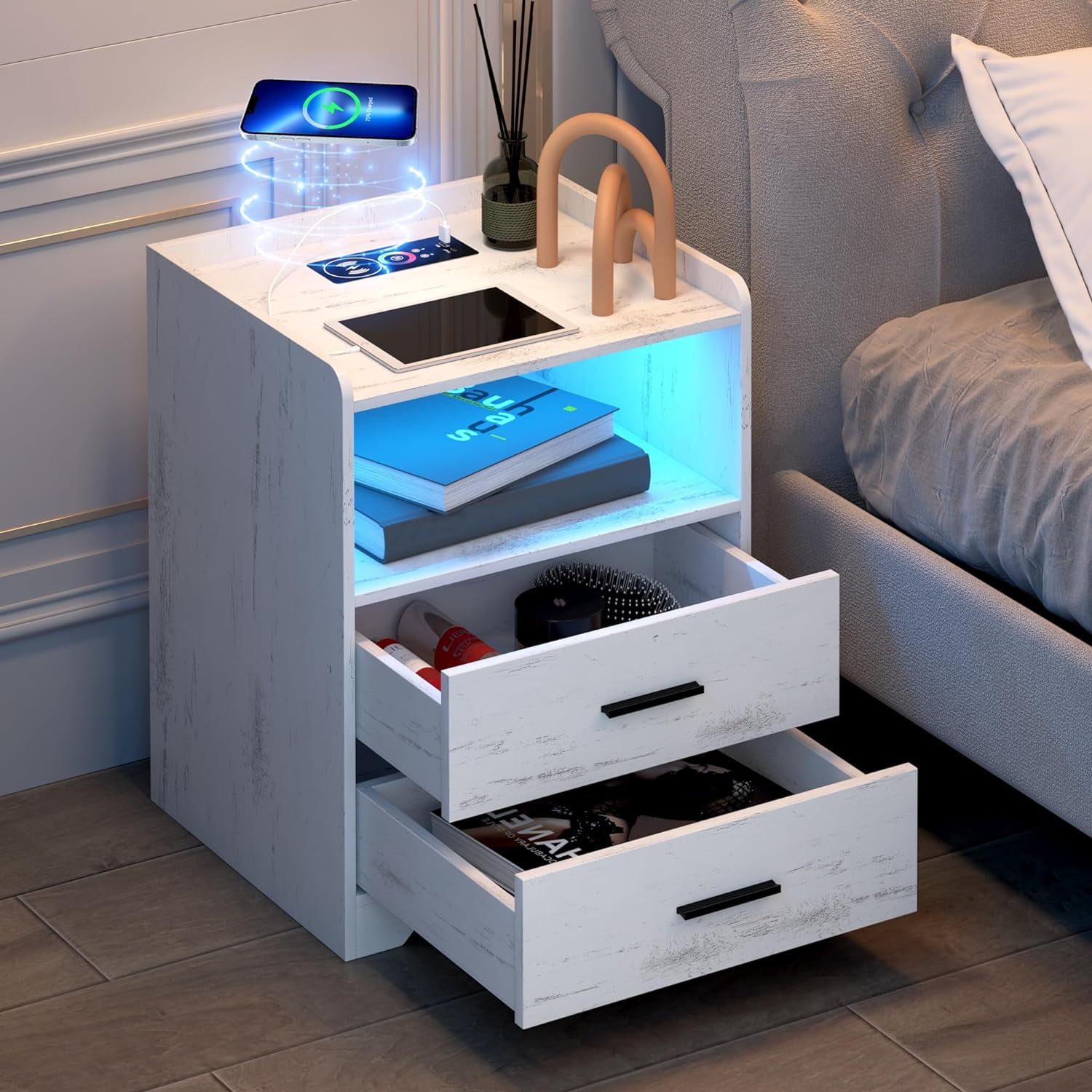 dnbss LED Nightstand with Wired/Wireless Charging Station, Night Stand ...