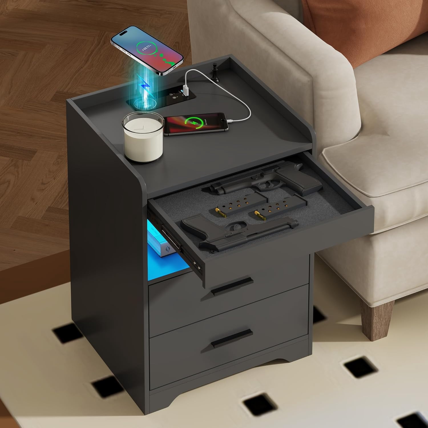 dnbss Nightstand with Lockable Gun Drawer, Night Stand with Charging ...